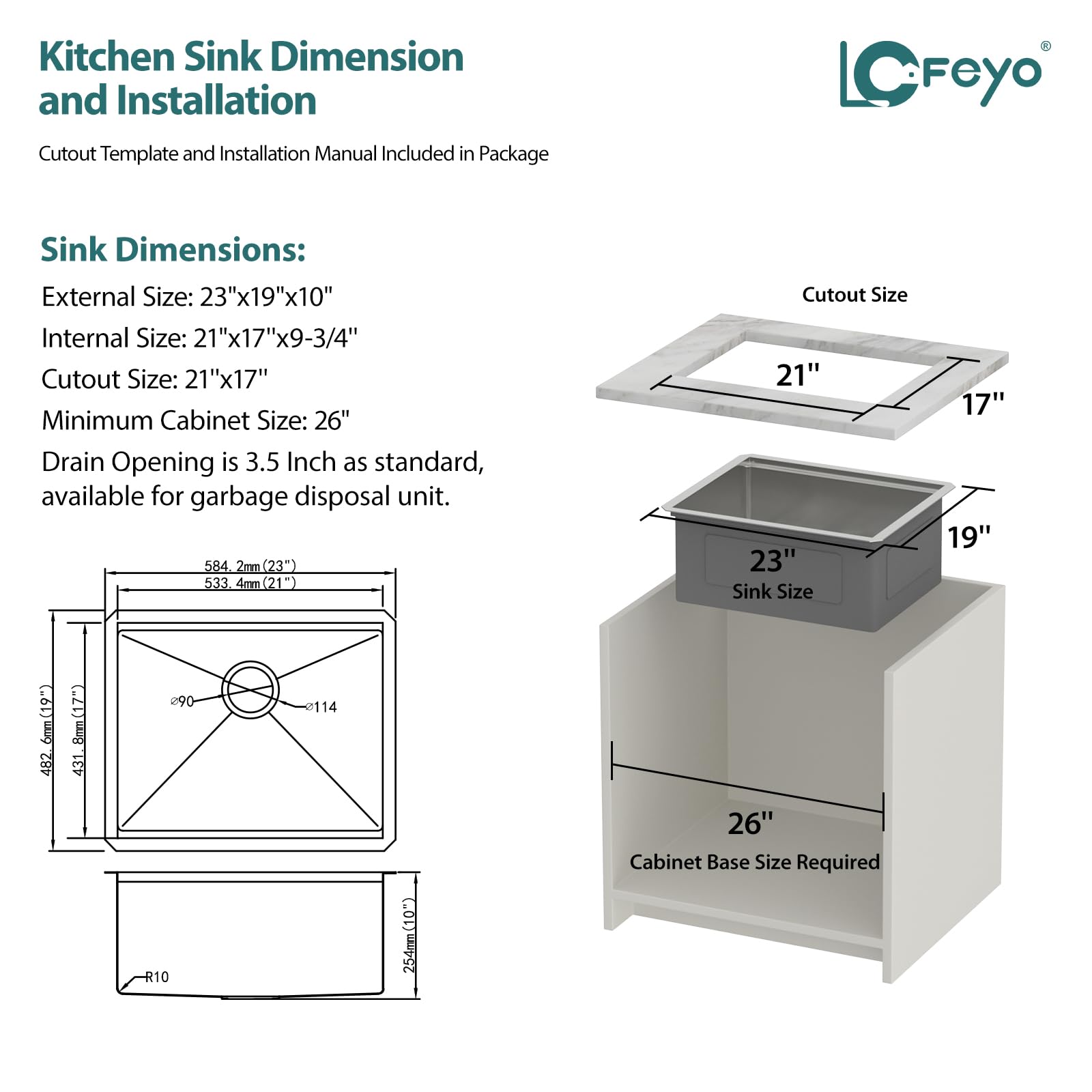 Lofeyo 23"x19" Kitchen Sink Undermount Small Wet Bar Sink Workstation 16 Gauge 304 Stainless Steel Handmade Contemporary Ledge Single Bowl Deep Sink