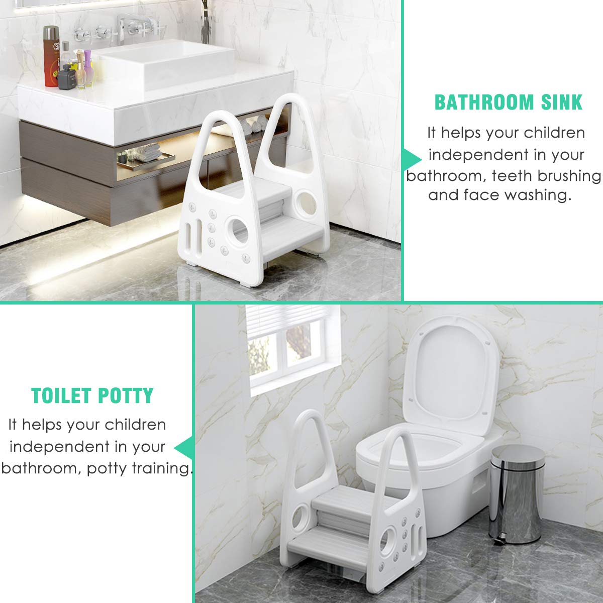 KATARUS Toddler Step Stool for Kids Two Step Standing Tower for Kitchen Counter, Bathroom Sink & Toilet Potty Training, Children Step Up Learning Helper with Handles and Safety Non-Slip Pads, Green