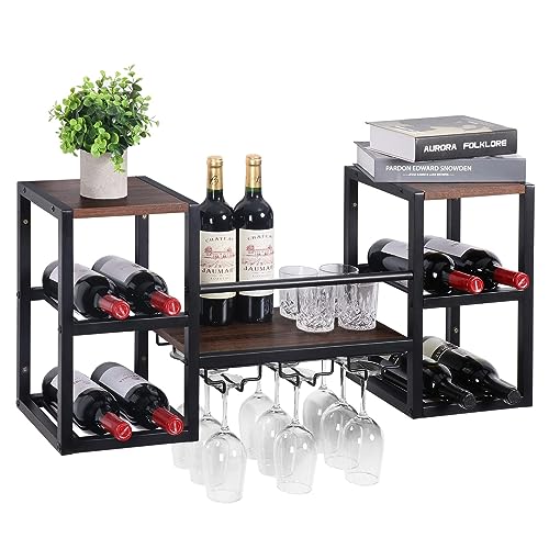 Kokorona Hanging Wine Rack Wall Mounted, Industrial Pipe Wine Rack with 3 Stem Glass Holder, Liquor Bottle Display Shelf Floating Bar Shelves for Wine Bottles