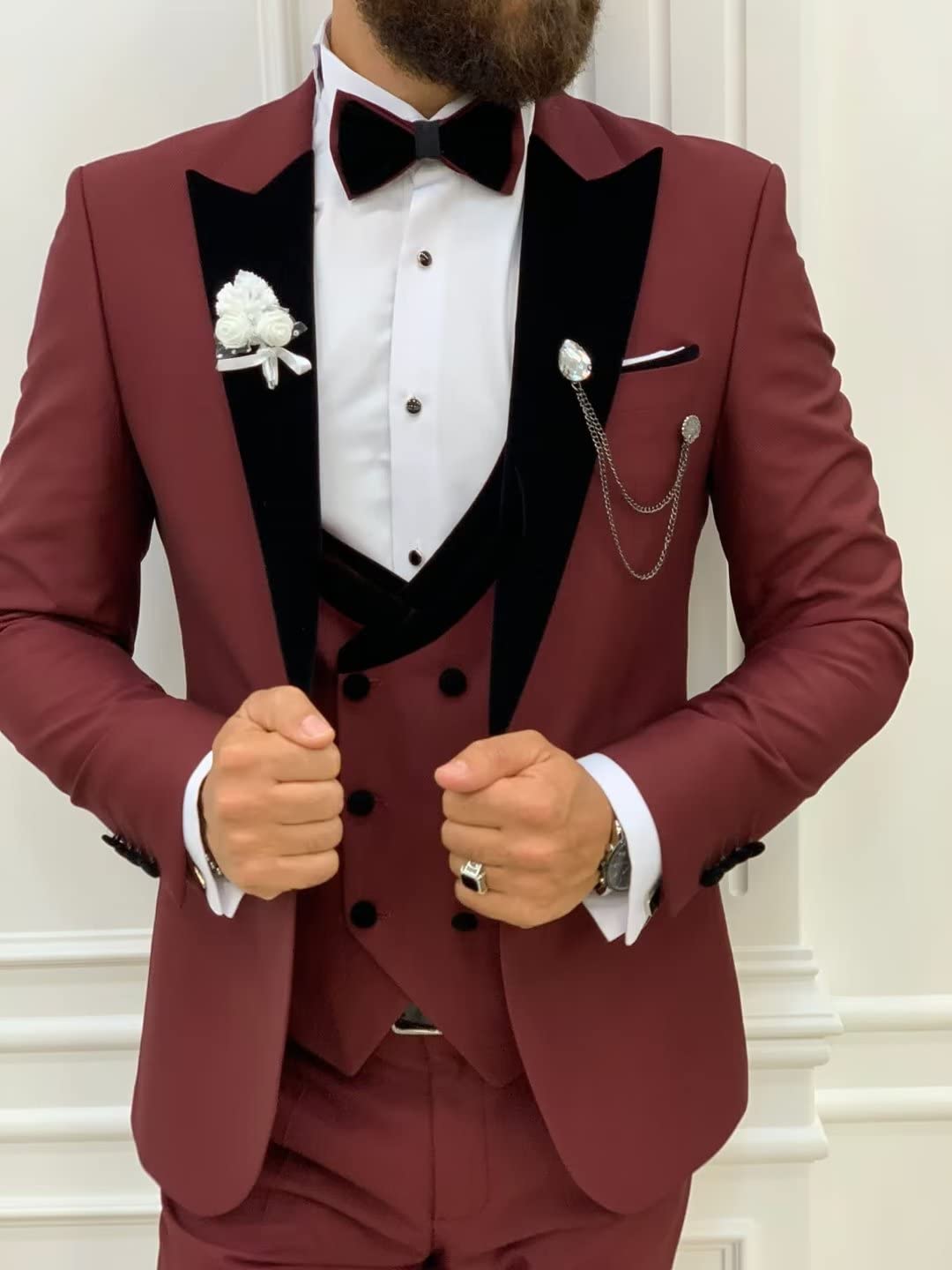 HUUTOE HANBANGWEI Double Breasted Suit Men Slim Fit Tuxedo for Men Plus Size Tuxedo Suit for Men Formal Beige and Black Suits for Men L Size