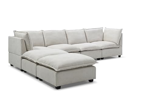 U-Shaped Oversized Down Feather Cushions Modular Sectional Sofa Modern Deep Seat Reversible Chaises Cloud Couch Living Room Convertible Sleeper Upholstered Sofabed with Movable Ottomans