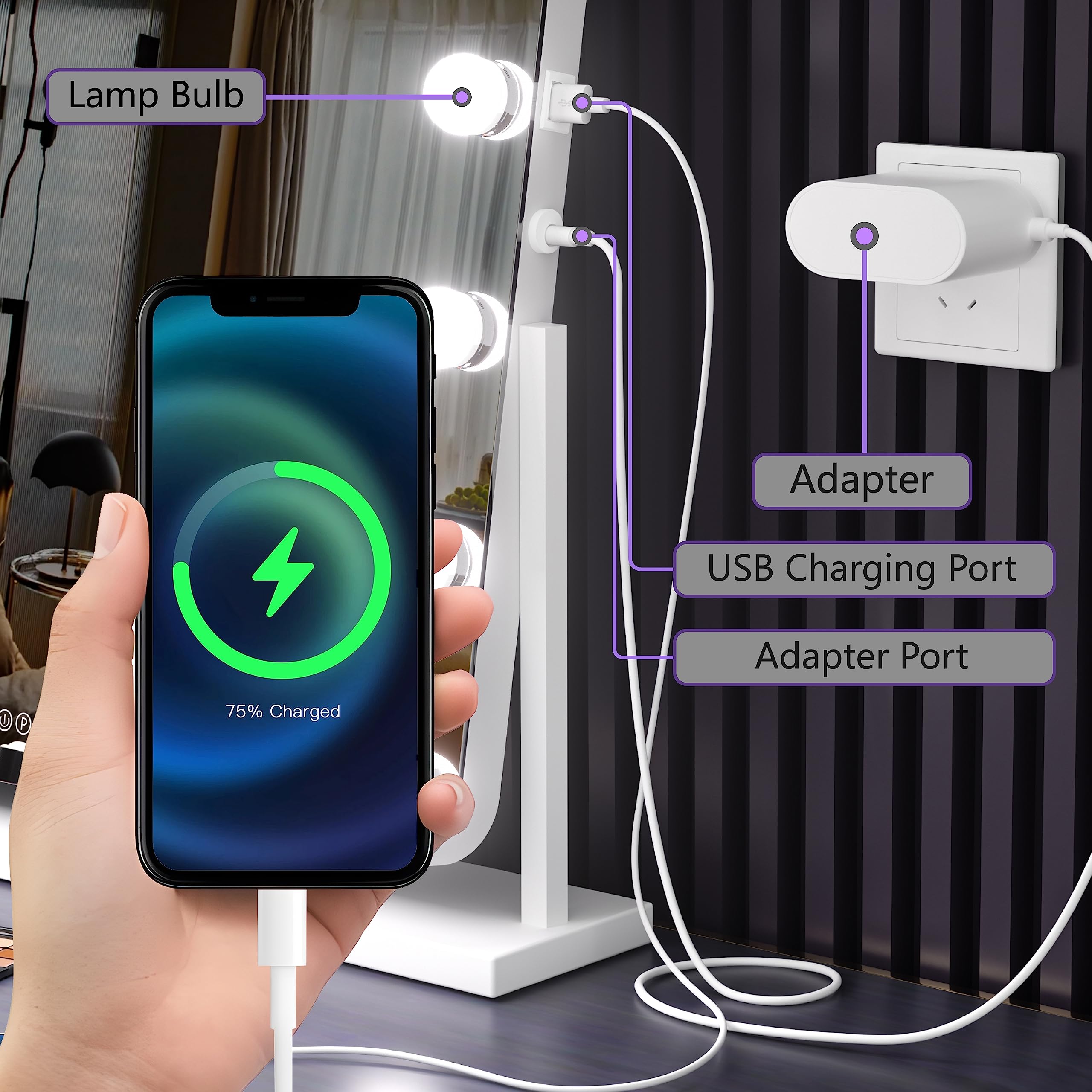 Hasipu Vanity Mirror with Lights, 22" x 18" Hollywood Lighted Makeup Mirror with 15 Dimmable Bulbs, 10X Magnification and USB Charging Port, Smart Touch 3 Colors Dimmable, 360° Rotation (Round)