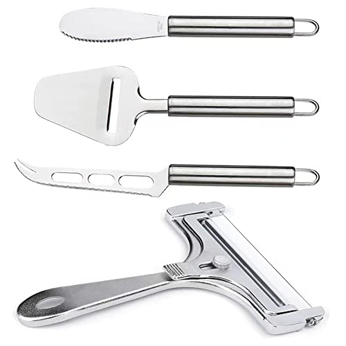 MTOMDY 4 Pieces Stainless Steel Wire Cheese Slicer with Cheese Plane Tool, Adjustable Thickness Cheese Cutter for Soft, Semi-Hard, Hard Cheeses Kitchen Cooking Tool