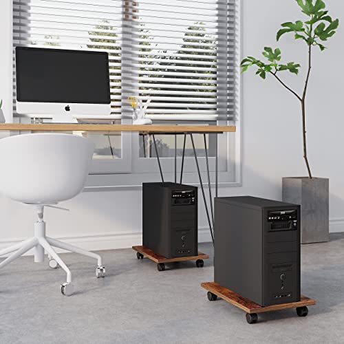 JOIN IRON CPU Stand Computer Tower Stand, Set of 2 Pc Tower Stand, Floor Pc Stand for Under Desk, Wood CPU Holder Stand Cart with Lockable Wheels, for Office, Home(Brown (Set of 2)