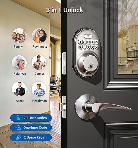 Veise Keyless Entry Door Lock with 2 Lever Handles - Electronic Keypad Deadbolt, Auto Lock, Back Lit & Easy Installation Design, Front Door Handle Sets, Satin Nickel