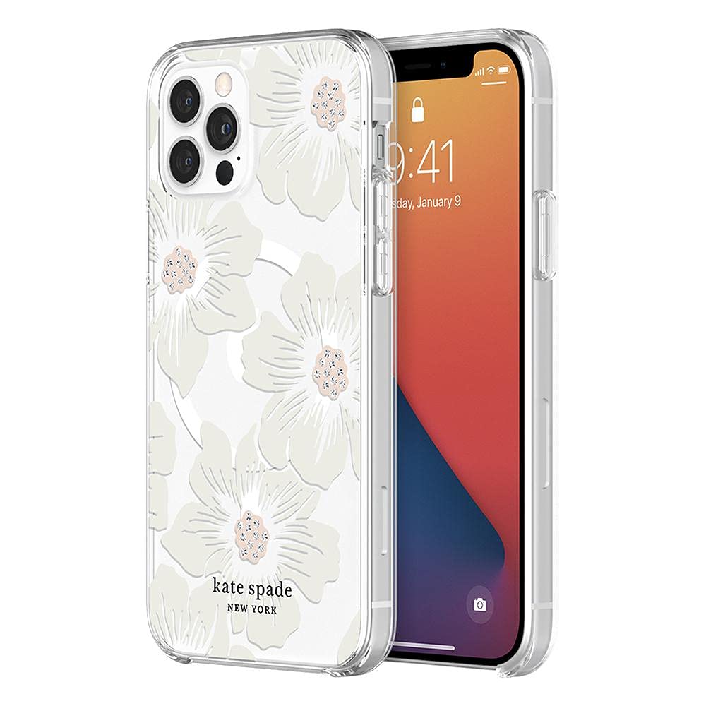 Kate Spade New York Protective Hardshell Case with MagSafe for iPhone 12 & iPhone 12 Pro - Hollyhock Floral Clear/Cream with Stones