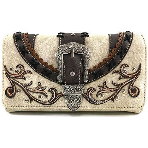 Zelris Western Country Floral Buckle Rucksack Backpack with Matching Wallet Set (Beige)
