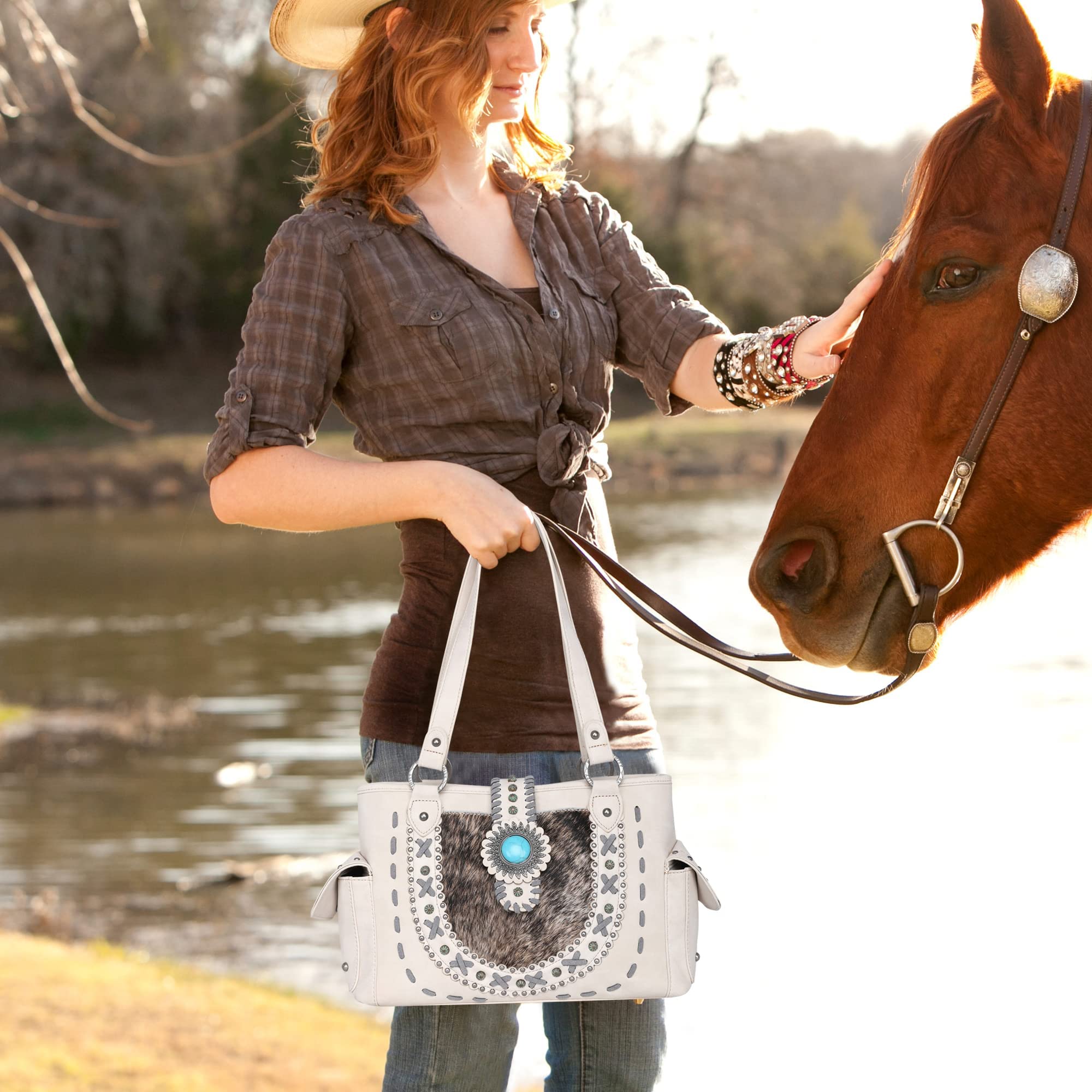 Montana West Trinity Ranch Hair-On Studs Collection Concealed Handgun Satchel Western Shoulder bag for Women AR-TR129G-8086BG-W