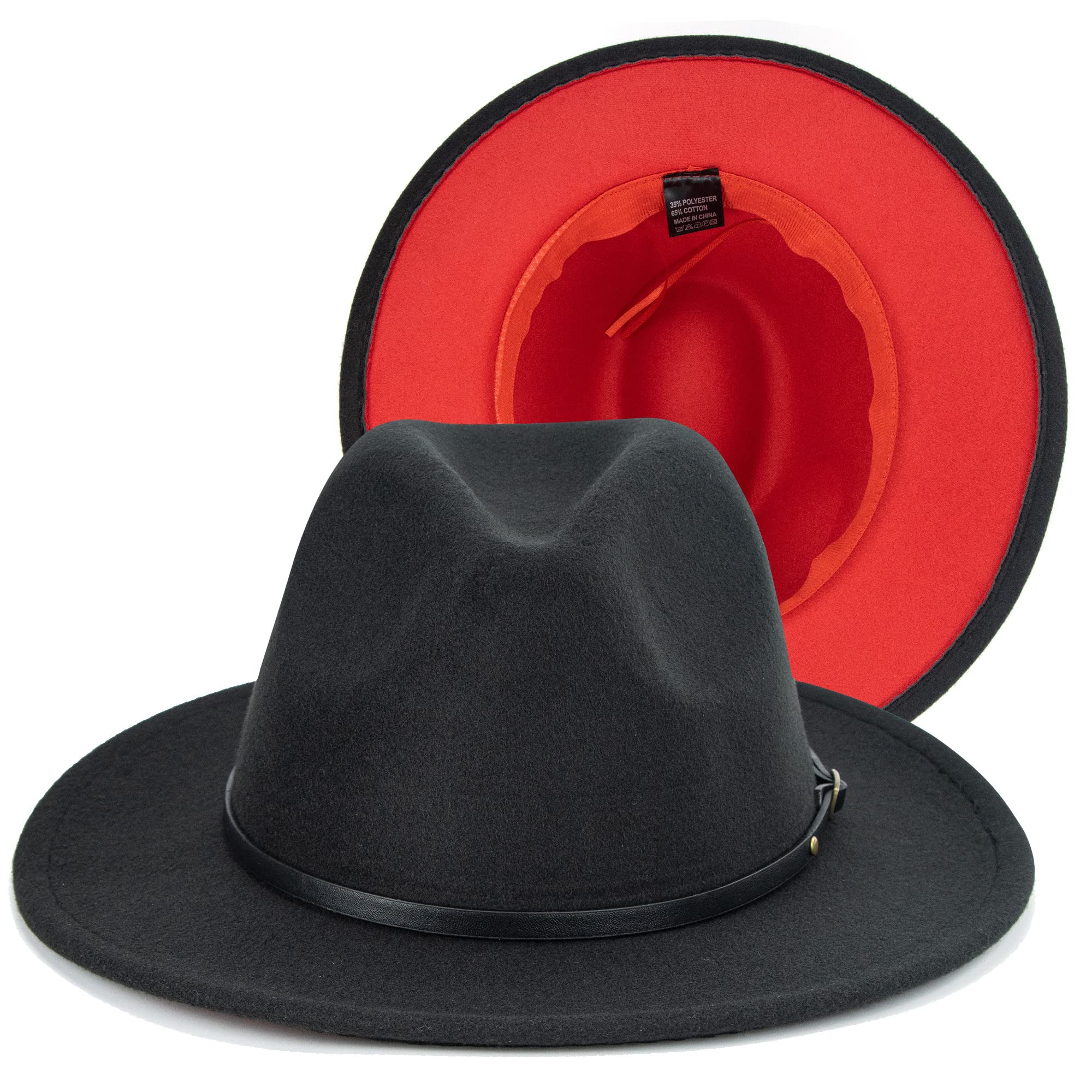 INOGIH Black Red Bottom Fedora-Hat-for-Women and Men Wide-Brim Patchwork Two-Tone Panama-Hats with Belt