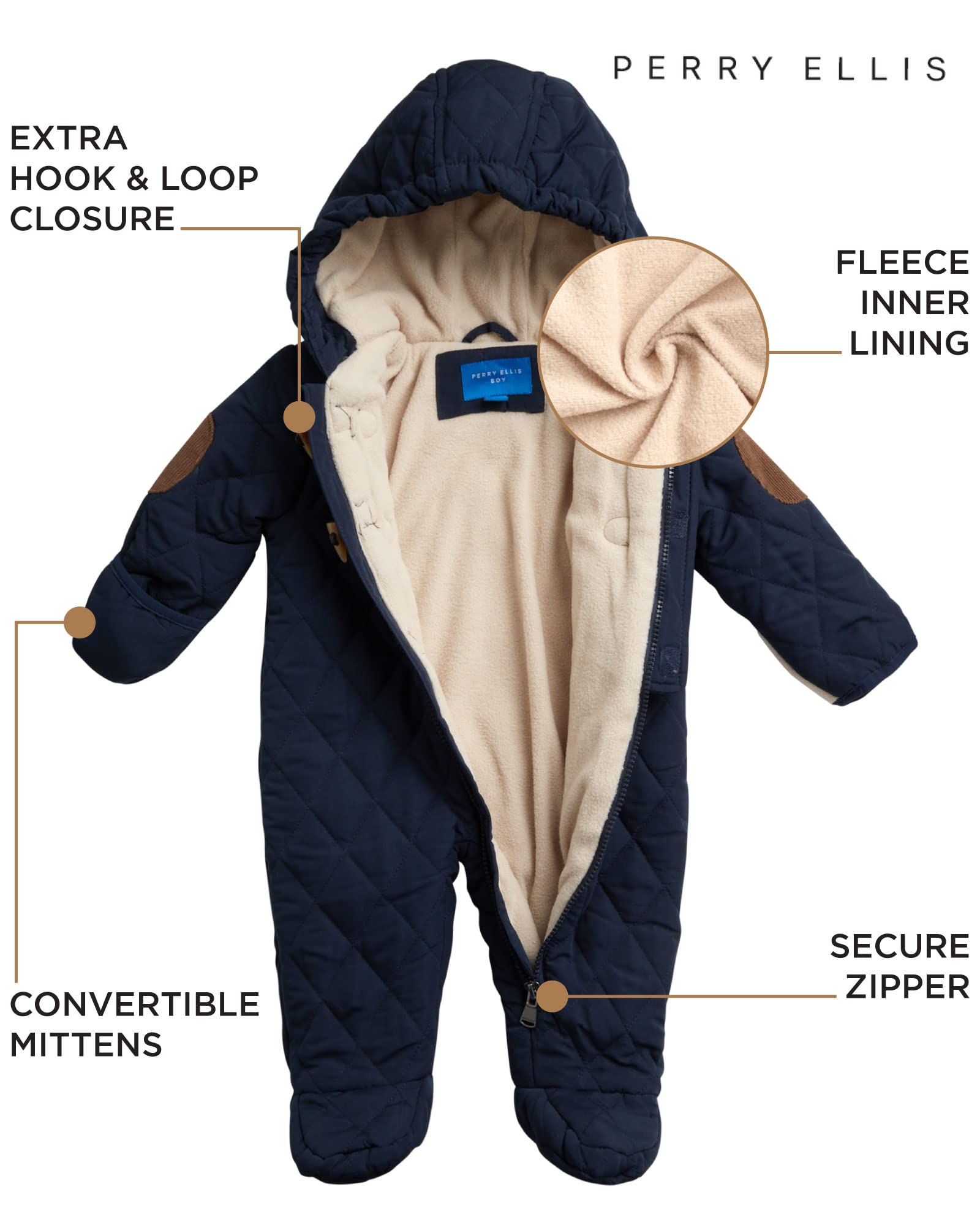 Perry Ellis Baby Boys' Pram Jumpsuit - Quilted Fleece Lined Coveralls (Newborn, 0-9M), Size 3-6 Months, Navy Blue