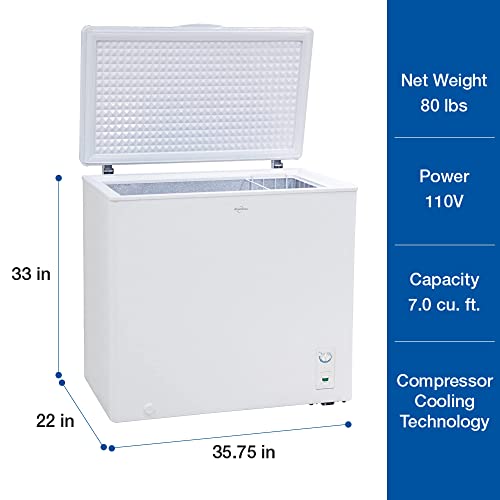 Koolatron Large Chest Freezer, 7.0 cu ft (195L), White, Manual Defrost Deep Freeze, Storage Basket, Space-Saving Flat Back, Stay-Open Lid, Front-Access Drain, for Basement, Laundry Room, Cottage