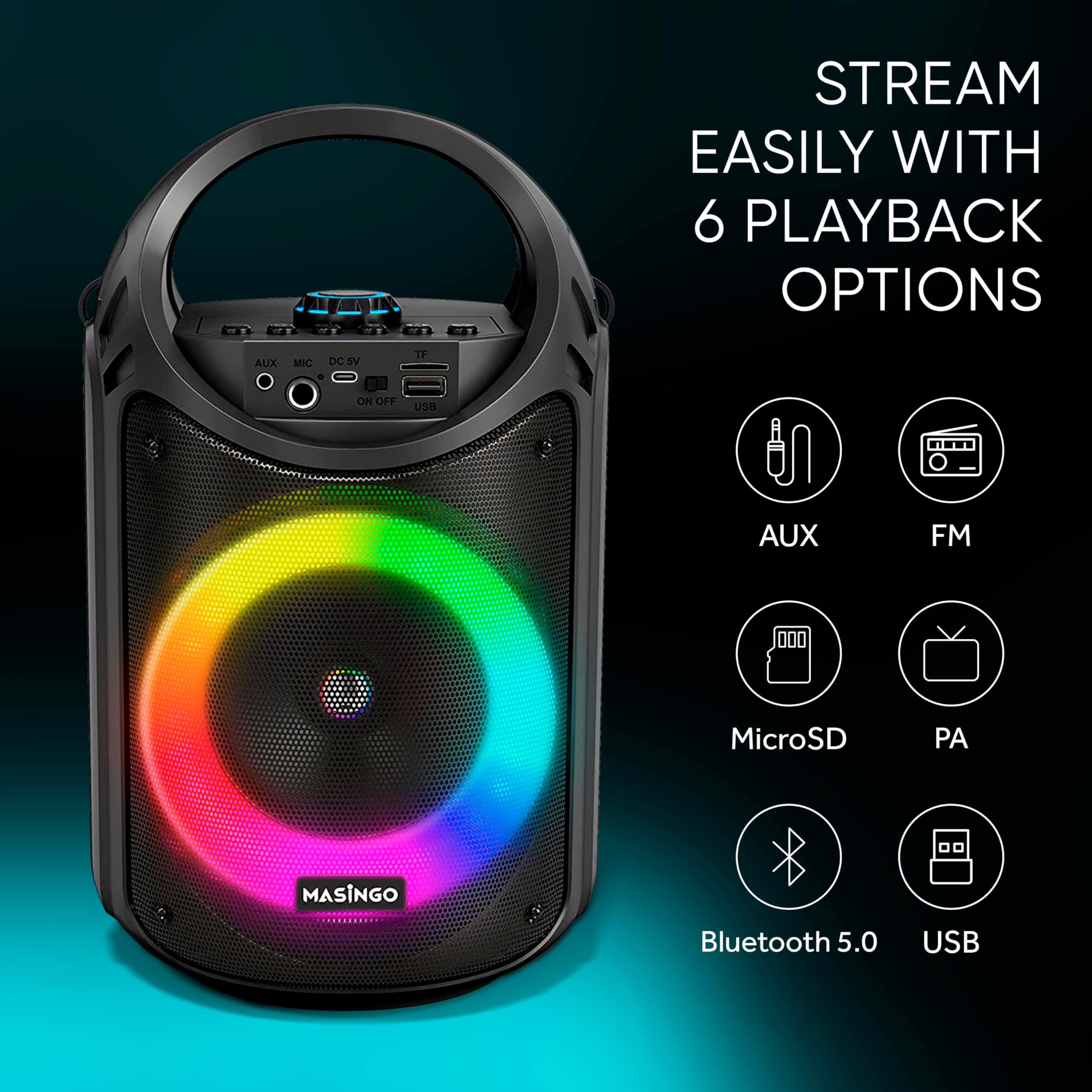 MASINGO Karaoke Machine for Kids and Adults with 1 Wireless Karaoke Microphone and 1 Wired Mic, PA Portable Speaker with LED Lights, Supports TF Card/USB, AUX/MIC in, TWS for Home Party, Burletta C10