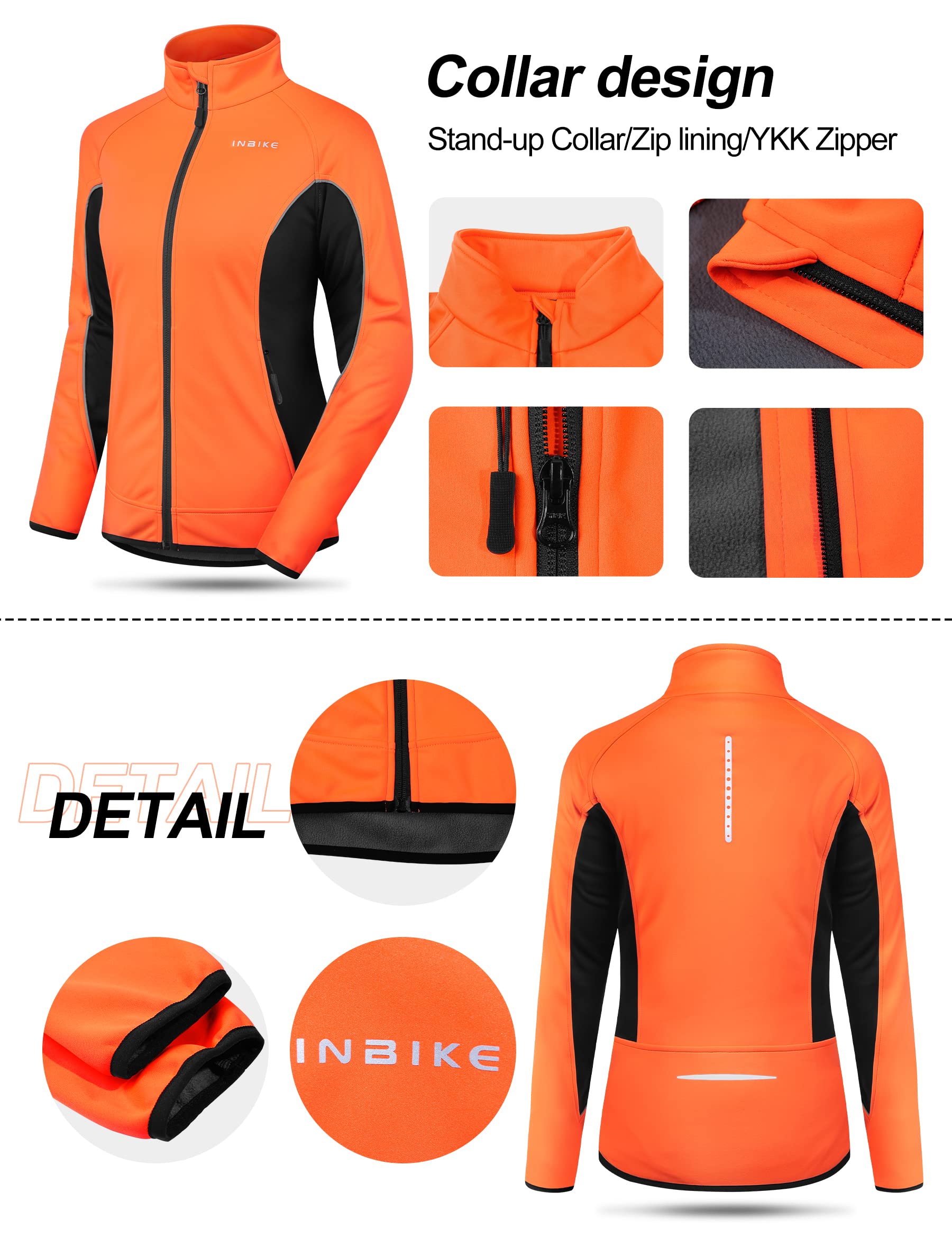 INBIKE Women's Cycling Jacket Biking Running Windbreaker Thermal Fleece Lined Reflective Coat for Cold Weather Winter Orange Medium