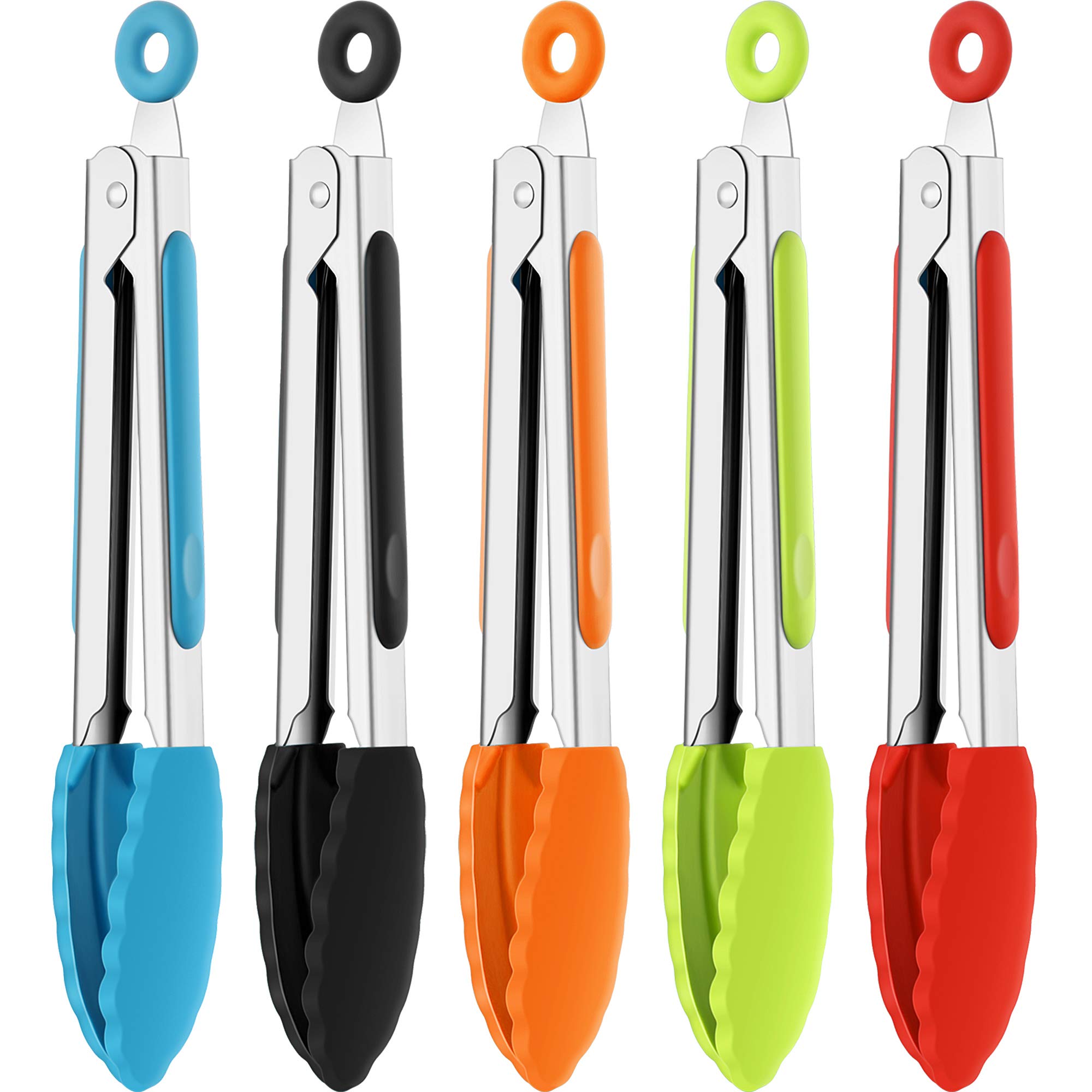 Mudder 7 Inch Mini Serving Kitchen Tongs with Silicone Tips, Stainless Steel Tongs for Salad, Grilling, Frying and Cooking, 5 Pieces