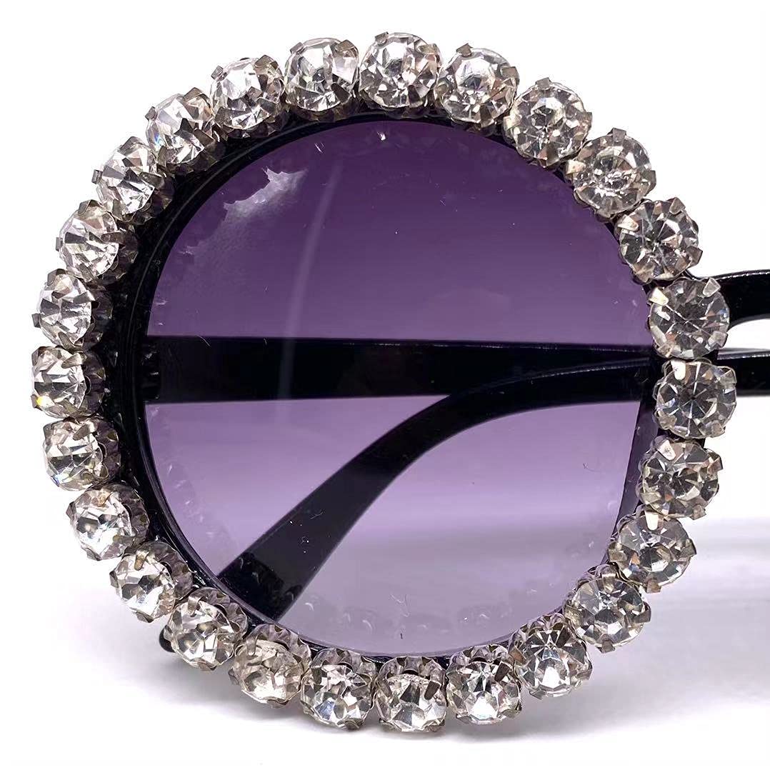 HOUSE PARTY 2K20 Stunning 4-Carat Rhinestone Studded Super Sparkly Sunglasses Elton John Style Round Oversize Deep Violet UV400 Polarized Lenses Onyx Black Frames