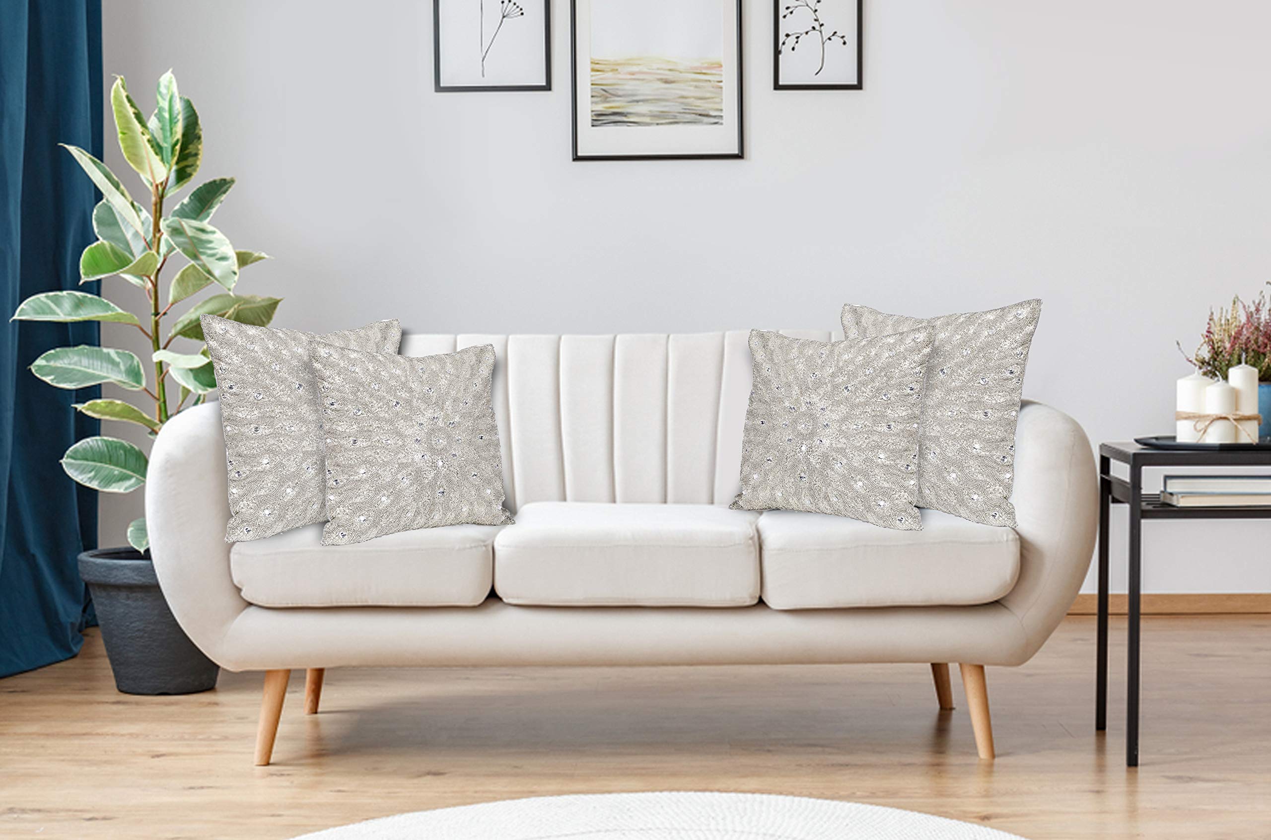 Hand Beaded Decorative Pillow Cover -16x16 Inch - Silver, Handwoven Pillow, Handmade by Skilled Artisans, A Beautiful and Elegant Accessory to Dress up Your Couch, Sofa and Bed - Only Cover - 2 Pack