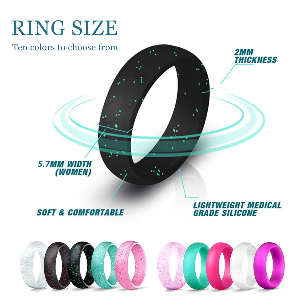 LONGLITTER 10PCS/SET Silicone Glitter Wedding Bands Hypoallergenic Couple Rubber Flexible Silicone Finger Ring 5.7mm Width - Colorful - 5