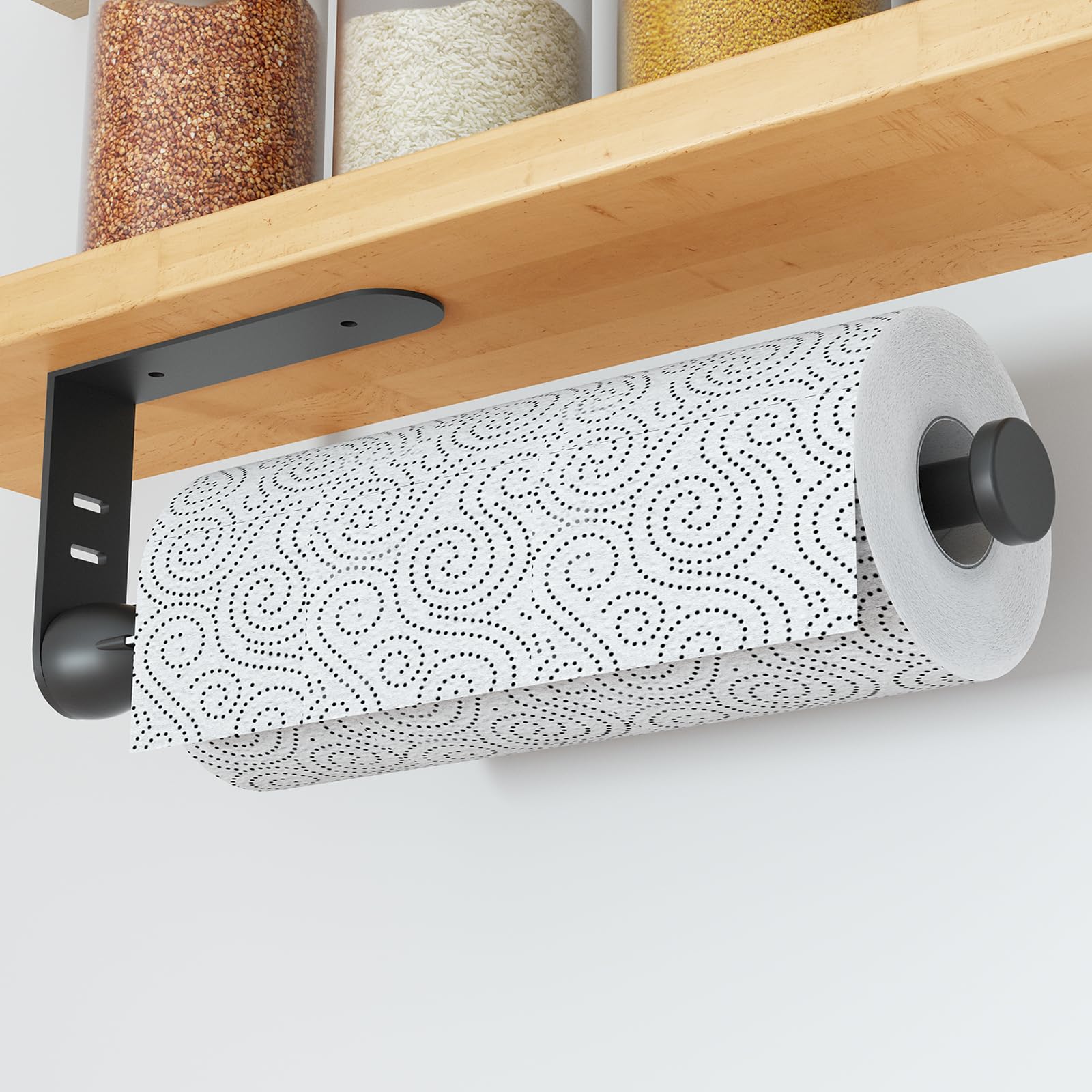 KOVOSCH Paper Towel Holder Under Cabinet with Damping Effect, Adhesive Paper Towel Holder Wall Mount, Single Hand Operable Stainless Steel Paper Towel Holder for Kitchen and Bathroom, Black