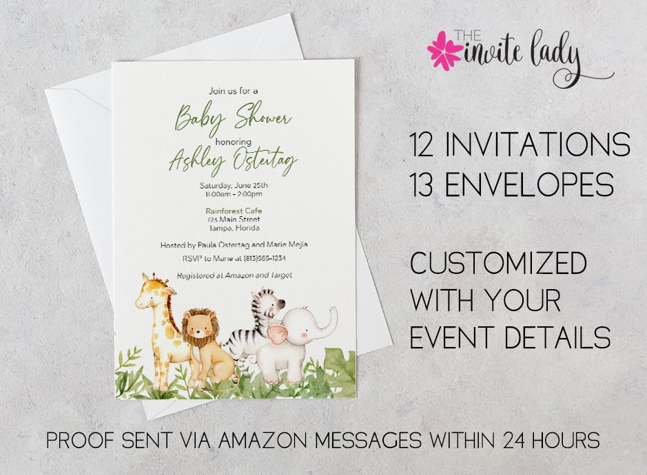 Jungle Animals Baby Shower Invitation Unisex Safari Invites Giraffe Lion Born to Be Wild Elephant Zebra Printed Customized Cards (12 Count)