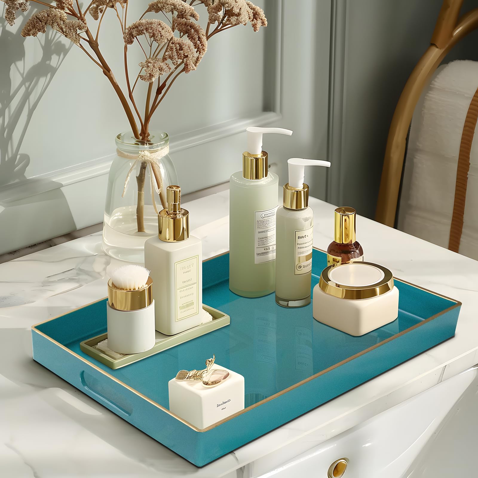 MAONAME Teal Serving Tray with Handles, Modern Decorative Tray for Coffee Table, Plastic Rectangular Tray for Ottoman, Bathroom, Decor, 15.75β x 10.2β x1.57