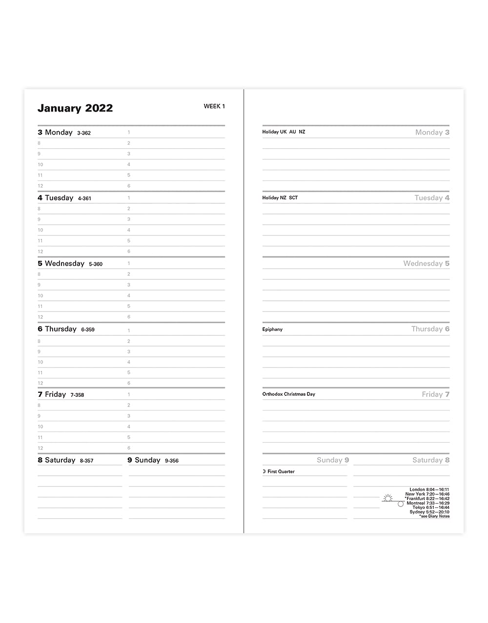 Letts of London Roma Slim week to view with appointments, notes & planners 2022 diary - black, (22-081237)