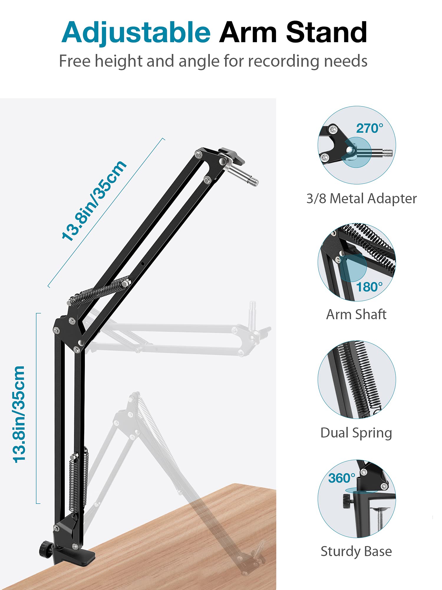 InnoGear Adjustable Mic Stand for Blue Snowball and Blue Snowball iCE Suspension Boom Scissor Arm Stand with Microphone Windscreen and Dual Layered Mic Pop Filter, Max Load 1.5 KG, Medium