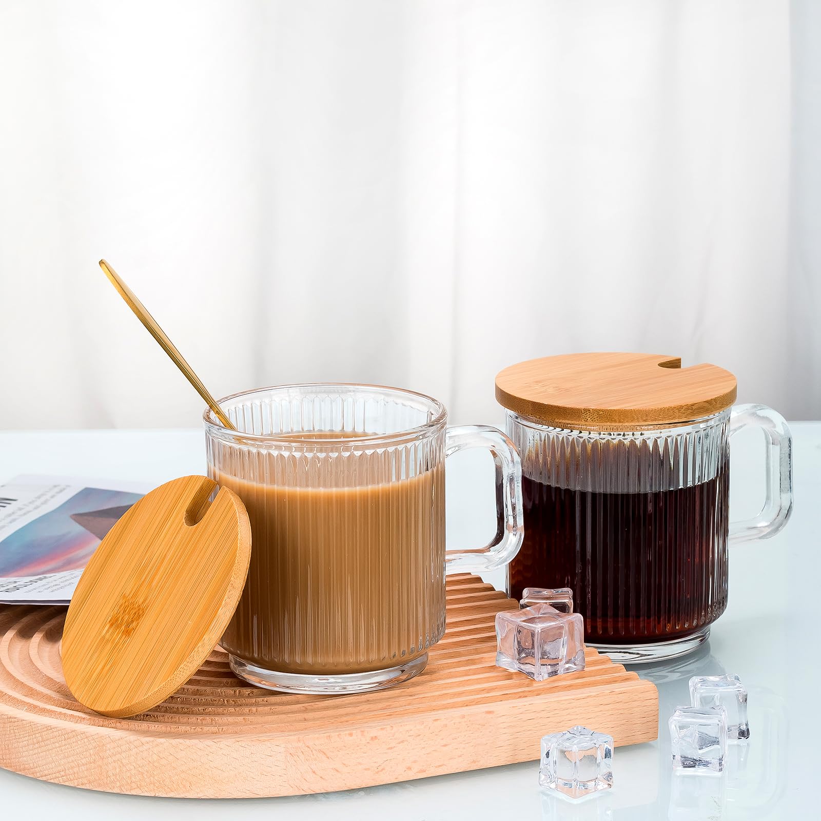 HUAHANGNA Vintage Coffee Glass Mugs for Beverage - Ribbed Short Latte Cups Set of 4, Clear Tea Cup with Bamboo Lid and Spoon, Dessert, Pudding, Ice Cream, Yogurt, Cappuccino, Espresso cup