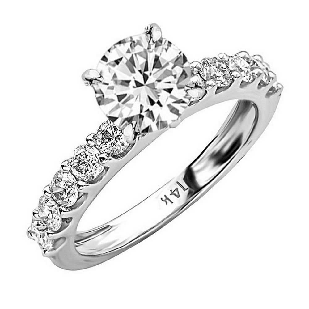 Houston Diamond District 3 Carat Classic Lab 14K White Gold Round Elegant Single Row Prong Set Side Stone IGI Certified Engagement Ring (2 Ct, H-I Color, VS1-VS2 Clarity Center)