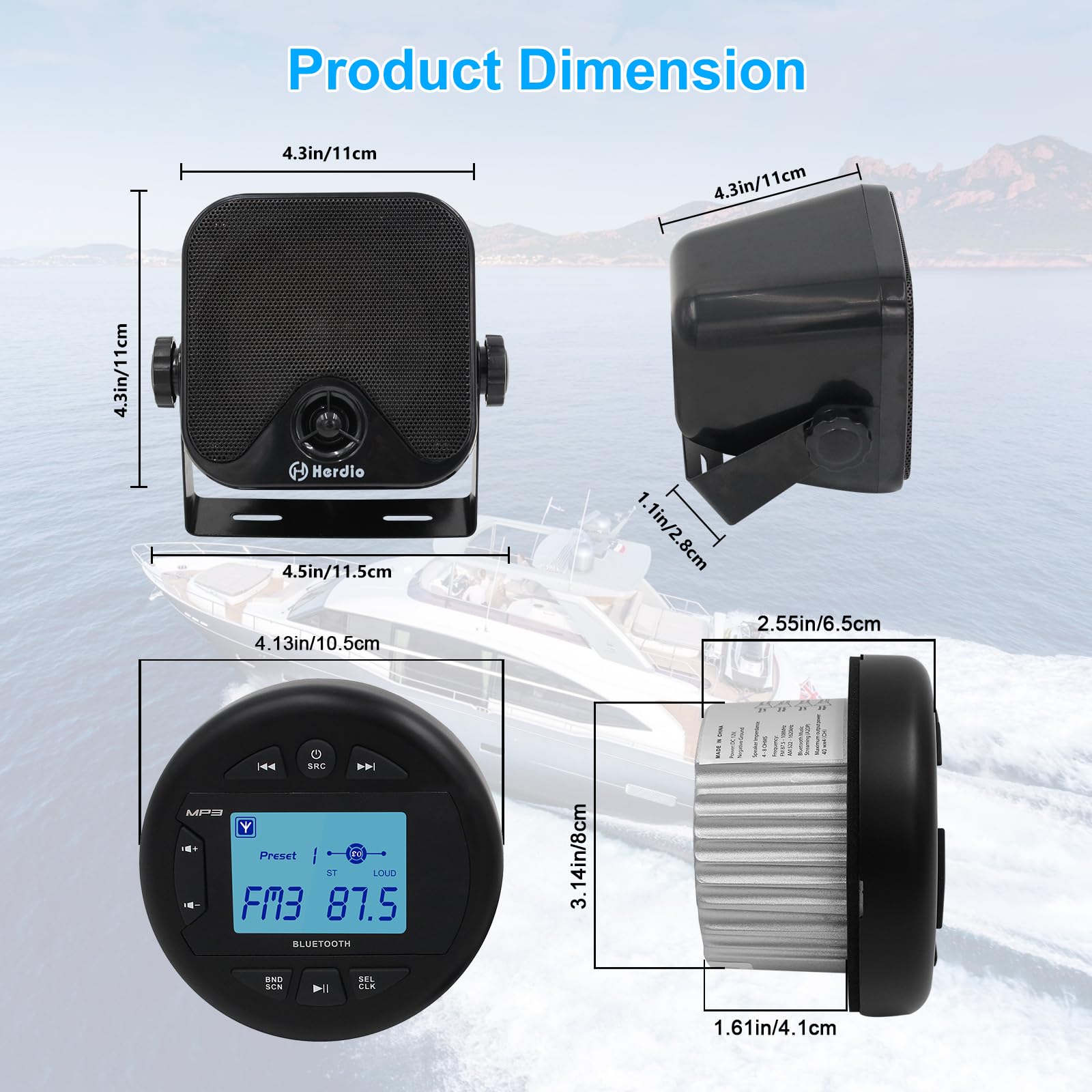 Herdio Marine Radio Compatible Mp3/USB/AM/FM Weather-Proof UTV & Marine Bluetooth Stereo Radio + 4 Inches 100W Marine Surface Mount Box Speakers(A Pair)