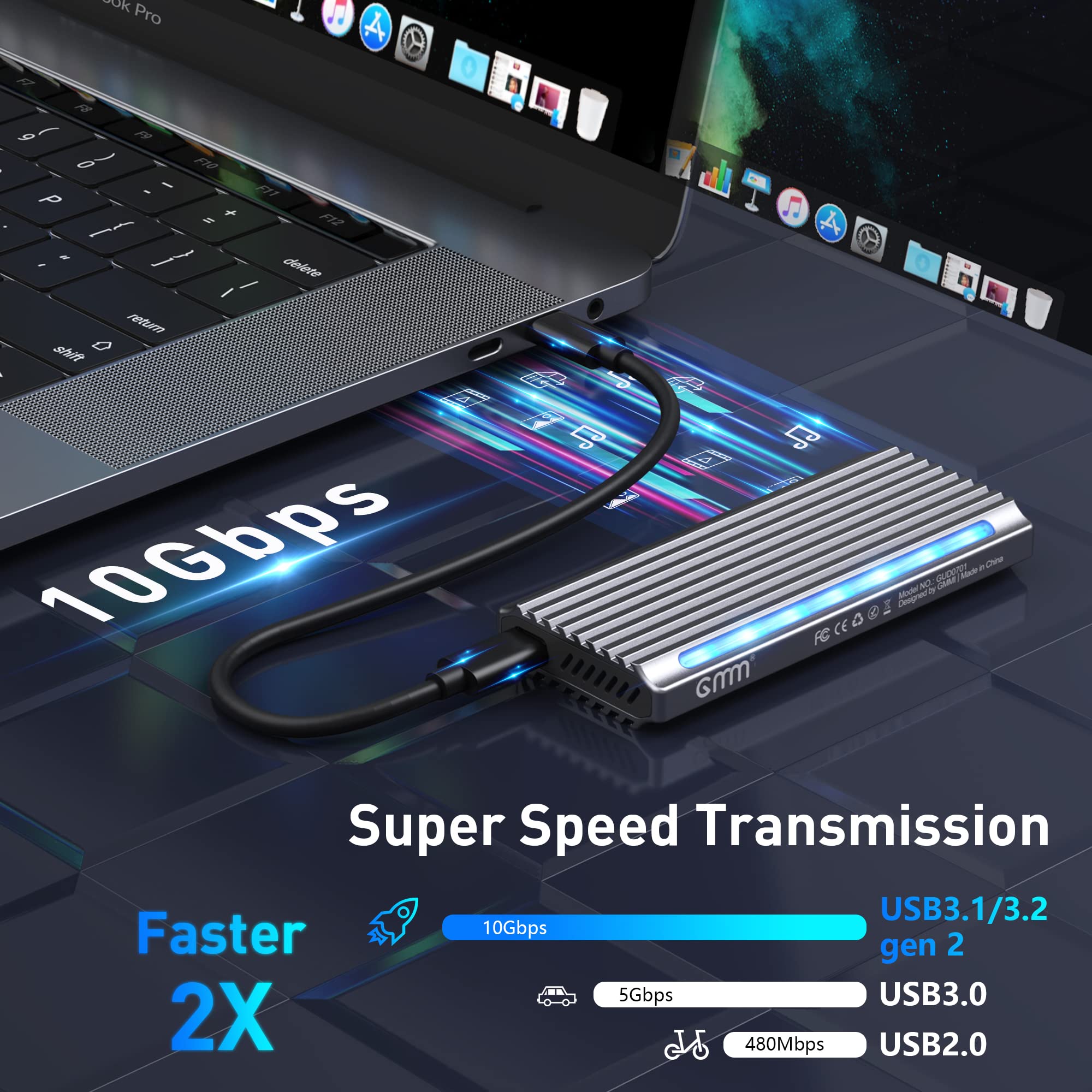 M.2 NVMe SSD Enclosure Adapter USB C 3.2 Gen 2 10Gbps M.2 NVMe to SATA Reader, Tool-Free 6Gbps SATA, RGB NVMe Enclosure Aluminum Case Support UASP Trim for PCIe M-Key(B+M Key) SSD Size 2242/2260/2280