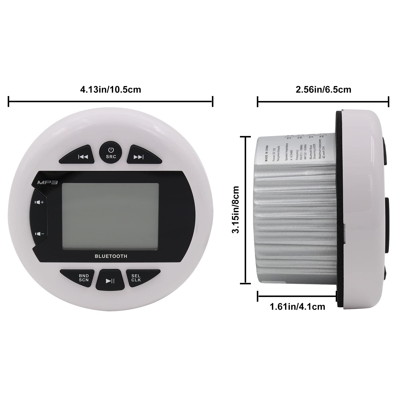 Herdio Round Waterproof Marine Radio - 4 x 40 W Boat in Dash Gauge Stereo Receiver Compatible with Bluetooth, AM FM, 2.75 Inches Digital LCD, USB, AUX, RCA (White)