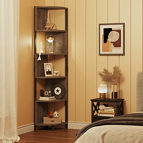 YITAHOME 6-Tier Corner Shelf, 68.8" Tall Industrial Free Standing Corner Bookshelf, 6 Shelf Display Corner Bookcase Open Small Book Shelves for Bedroom, Living Room, Small Space, Charcoal Gray + Black