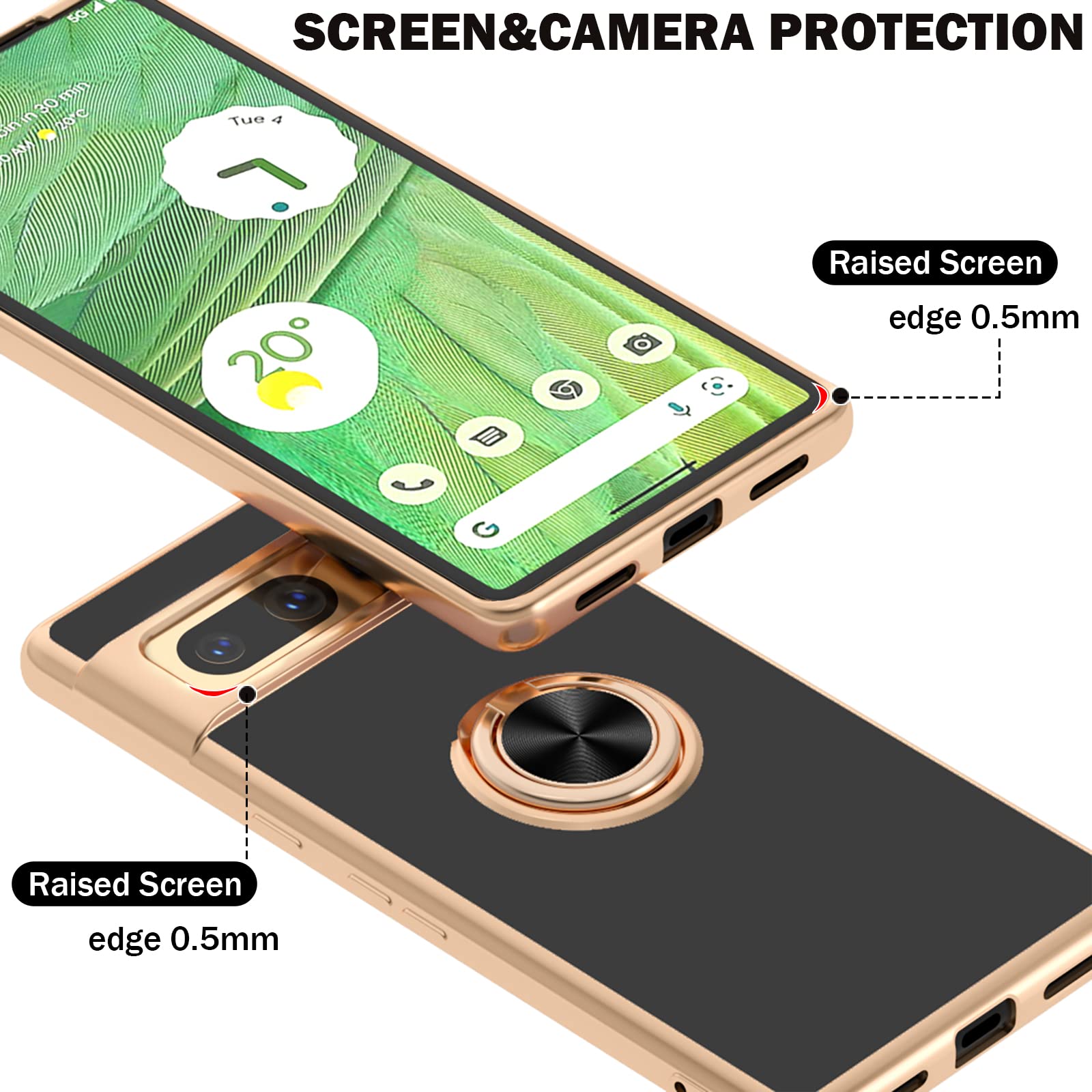 Jasmeas Case Compatible with Google Pixel 7 with 2 Screen Protector, with Ring Holder Plating Rose Gold Edge 360°Kickstand Cover Slim Soft Flexible TPU Protective Phone Cases for Women - Black