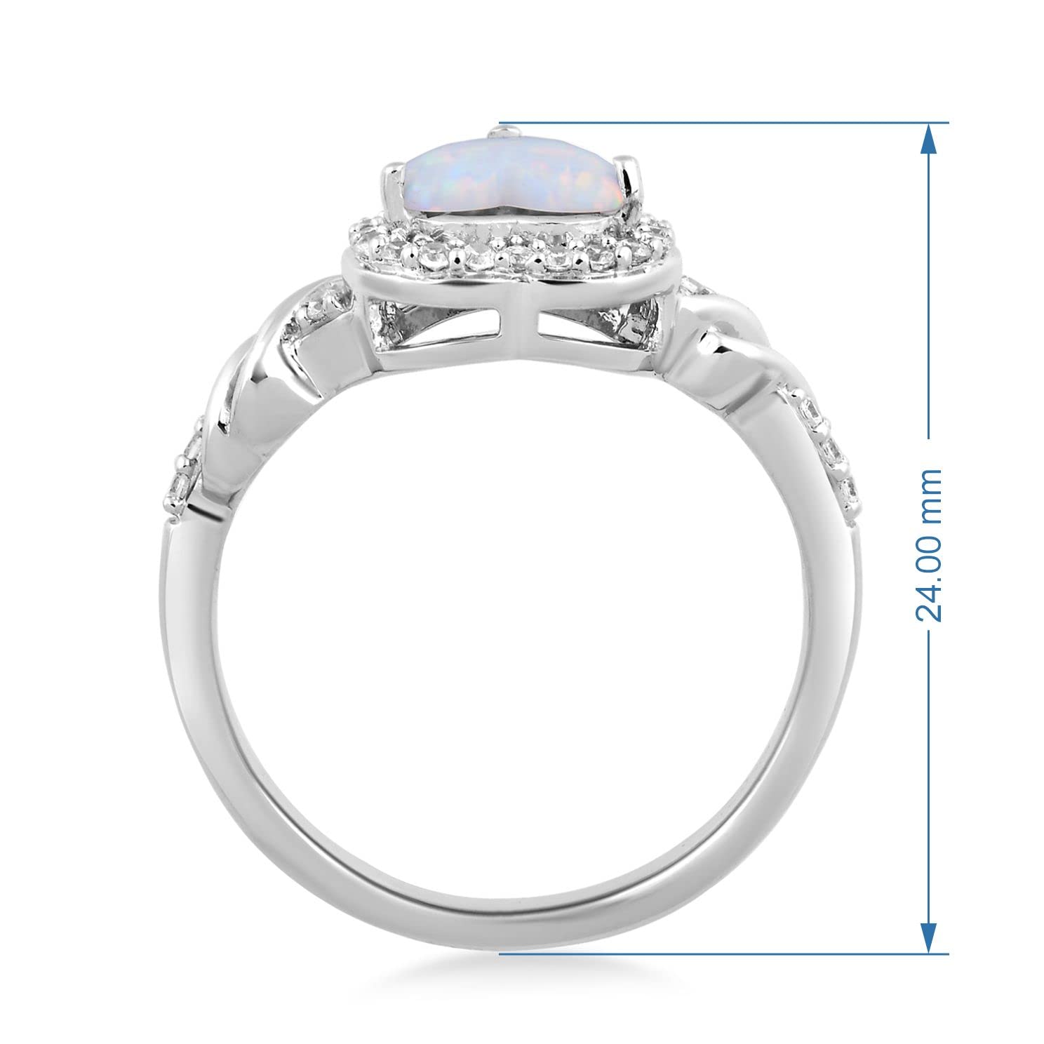 Jewelili Sterling Silver 7 MM Heart Cut Created Opal and Round Created White Sapphire Heart Promise Ring, Size 8