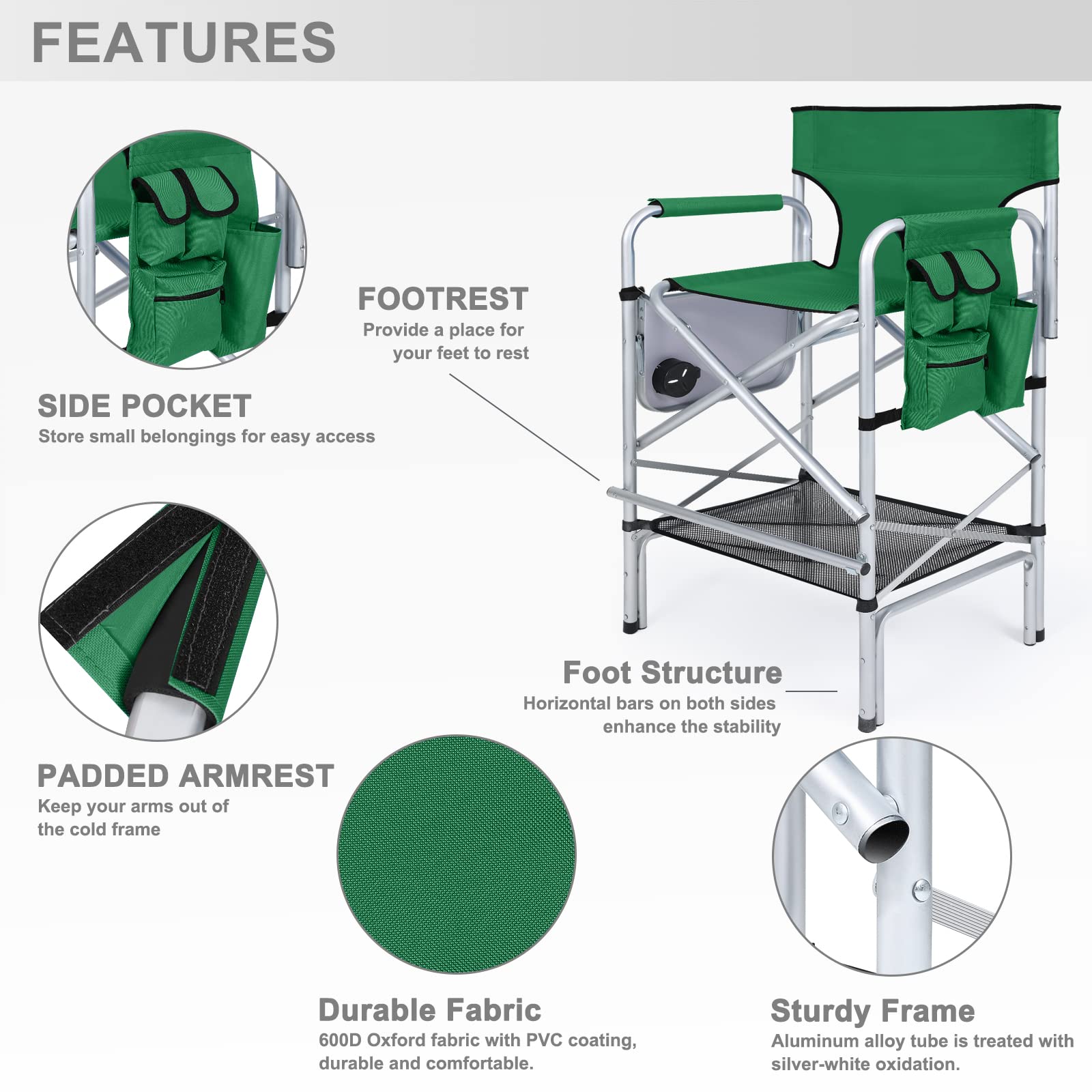 MASTERCANOPY Camping Chair Heavy Duty, Folding Directors Chair, High Rocking Chair Outdoor, Padded Set with Table Attached, Oversized (Green)
