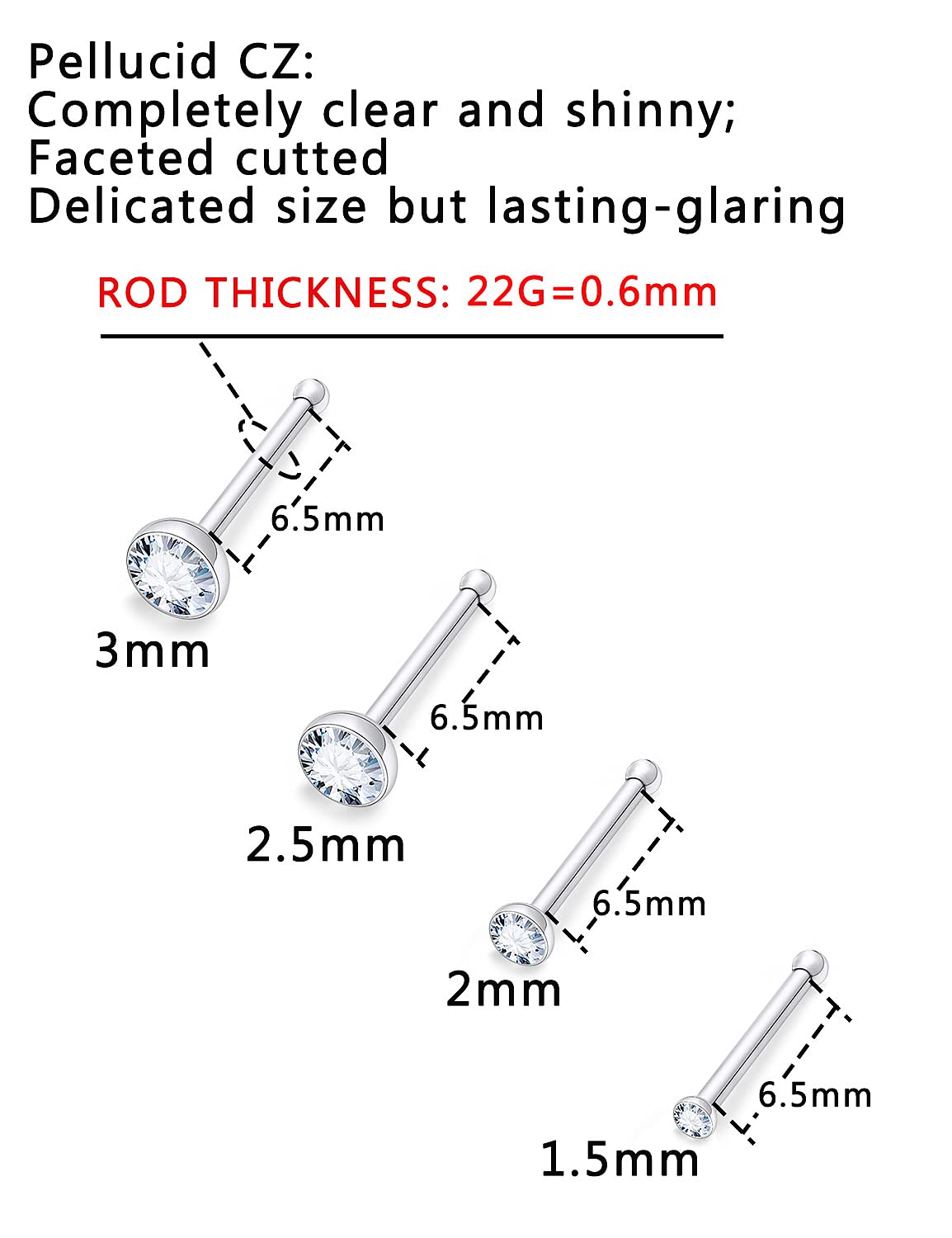 Lsnevsie Nose Rings Studs for Women 22G Surgical Stainless Steel Straight Silver Hypoallergenic Opal Nose Nostril Stud Ring Pin Bone Earring Piercing Jewelry Pack Set Men Diamond 1.5mm 2mm 2.5mm 3mm