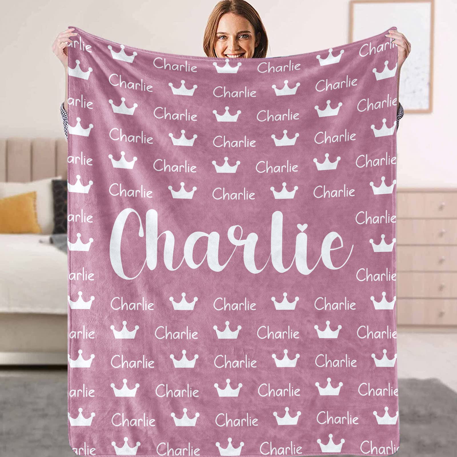 Personalized Baby Blankets with Name Custom Blankets for Girls Boys Soft Throw Name Blanket for Kids Newborn Toddler Personalized Unique Flannel Blanket Gifts, Crown, Pink, 32x48inch