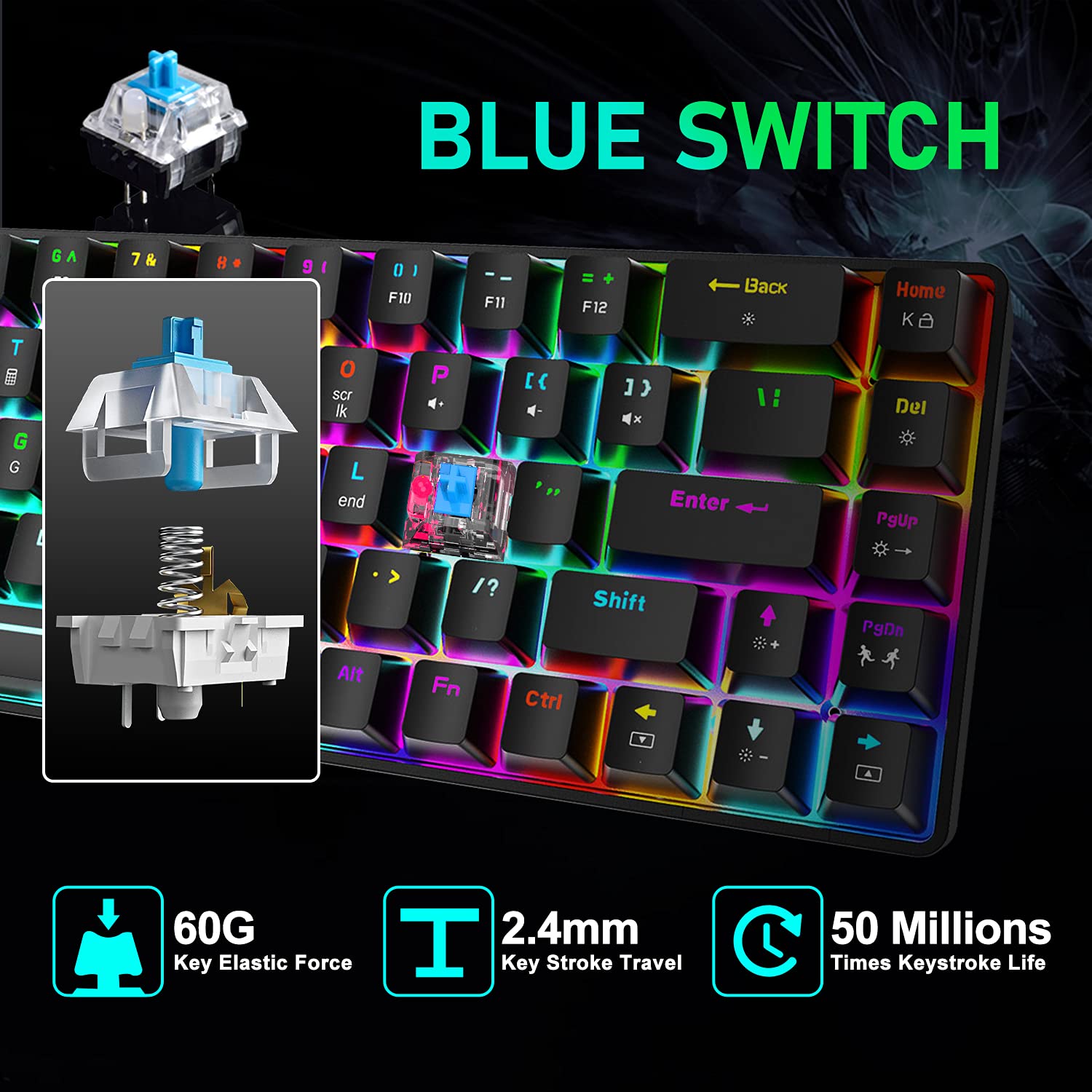 LexonElec 60% Wired Gaming Keyboard, RGB Backlit Ultra-Compact Mechanical Keyboard, Blue Switch Waterproof Compact 68 Keys Keyboard for Typist Laptop PC Mac Gamer(Purple)