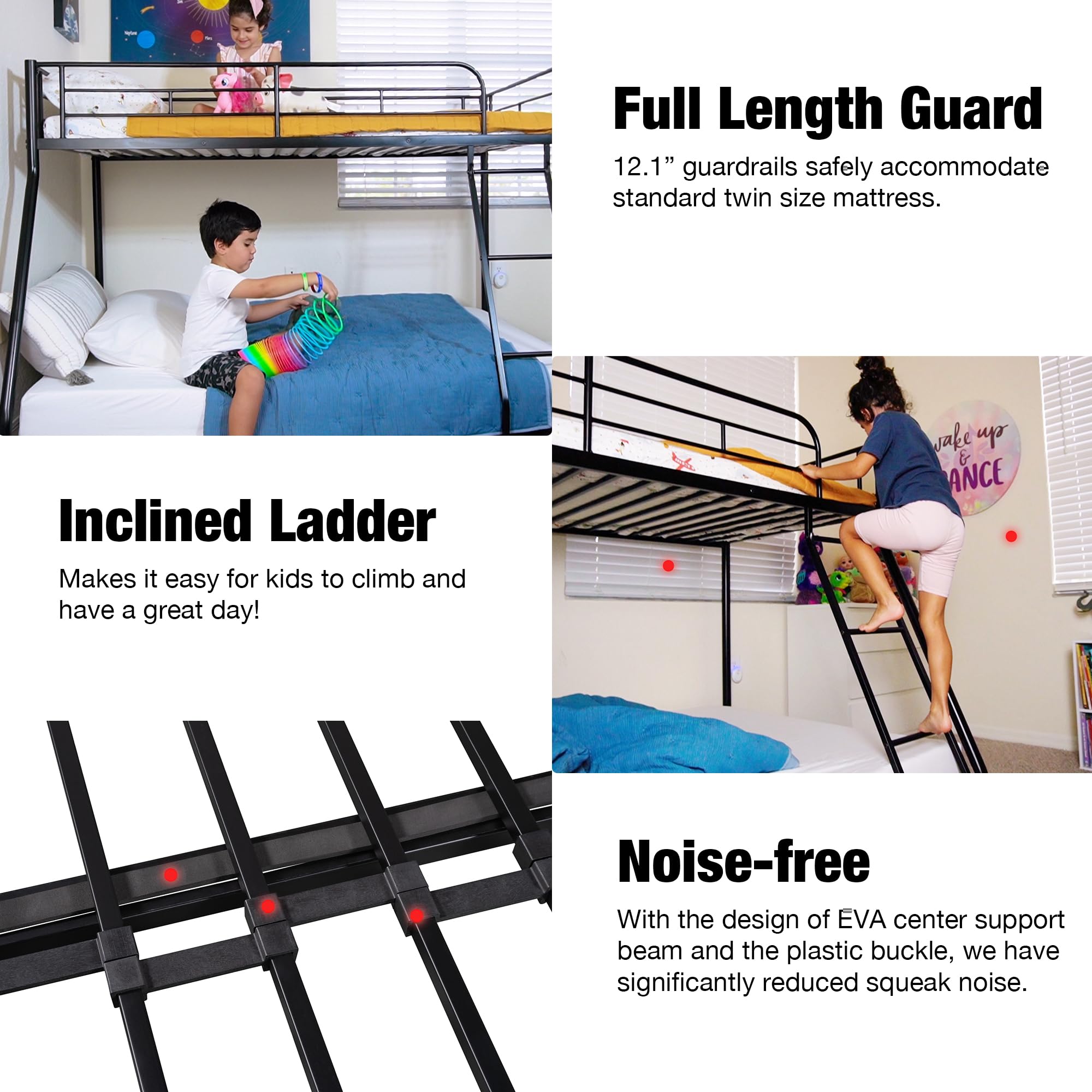 HUAYICUN Bunk Bed Twin Over Full Size with Ladder, Twin over Full Bunk Bed and Full-Length Guardrail, No Box Spring Needed, Noise Free