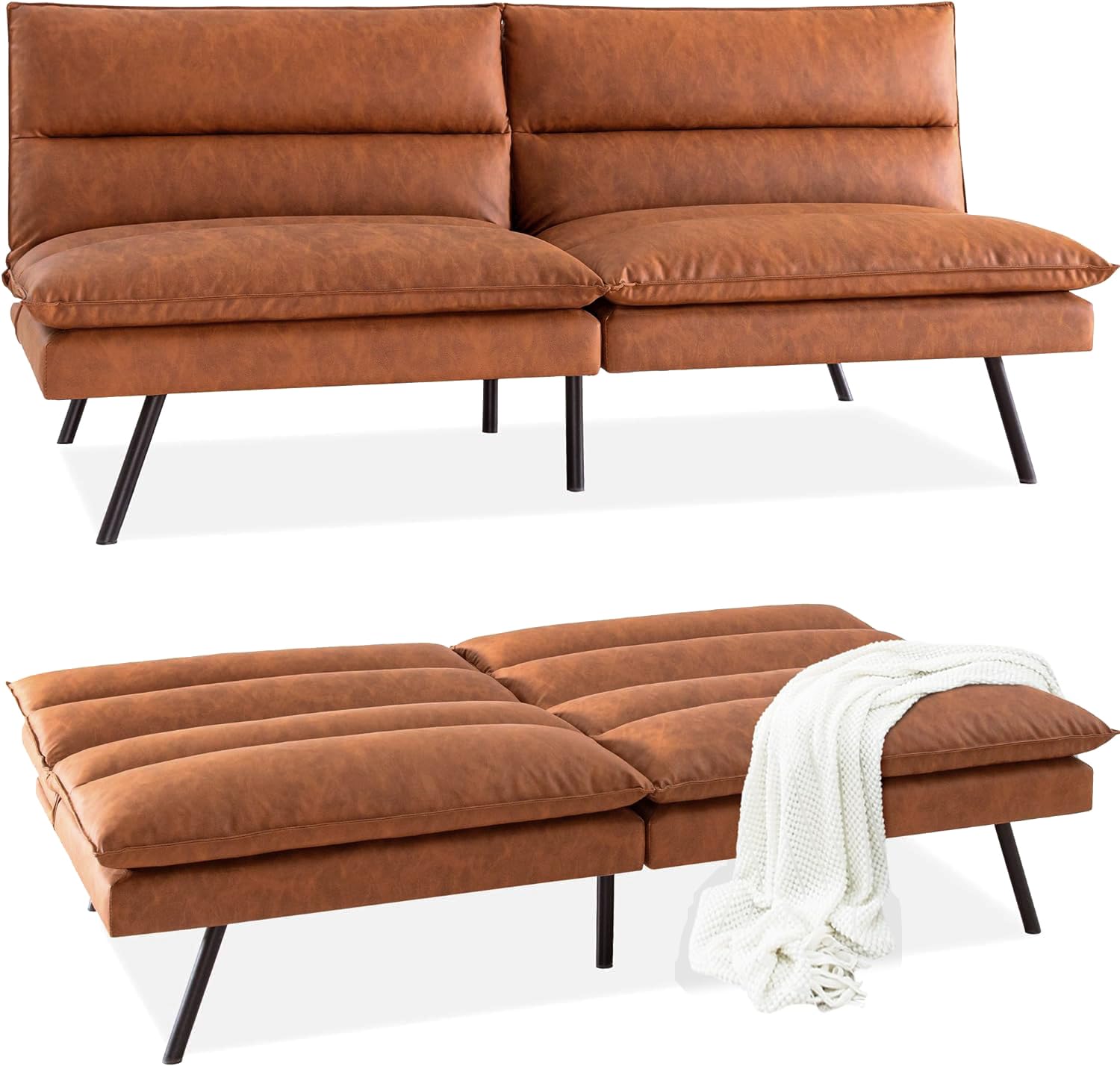 IULULU Futon Sofa Bed Leather Couch with Memory Foam, Modern Convertible Armless Sleeper Daybed for Studio, Apartment, Office, Small Space, Compact Living Room, Caramel