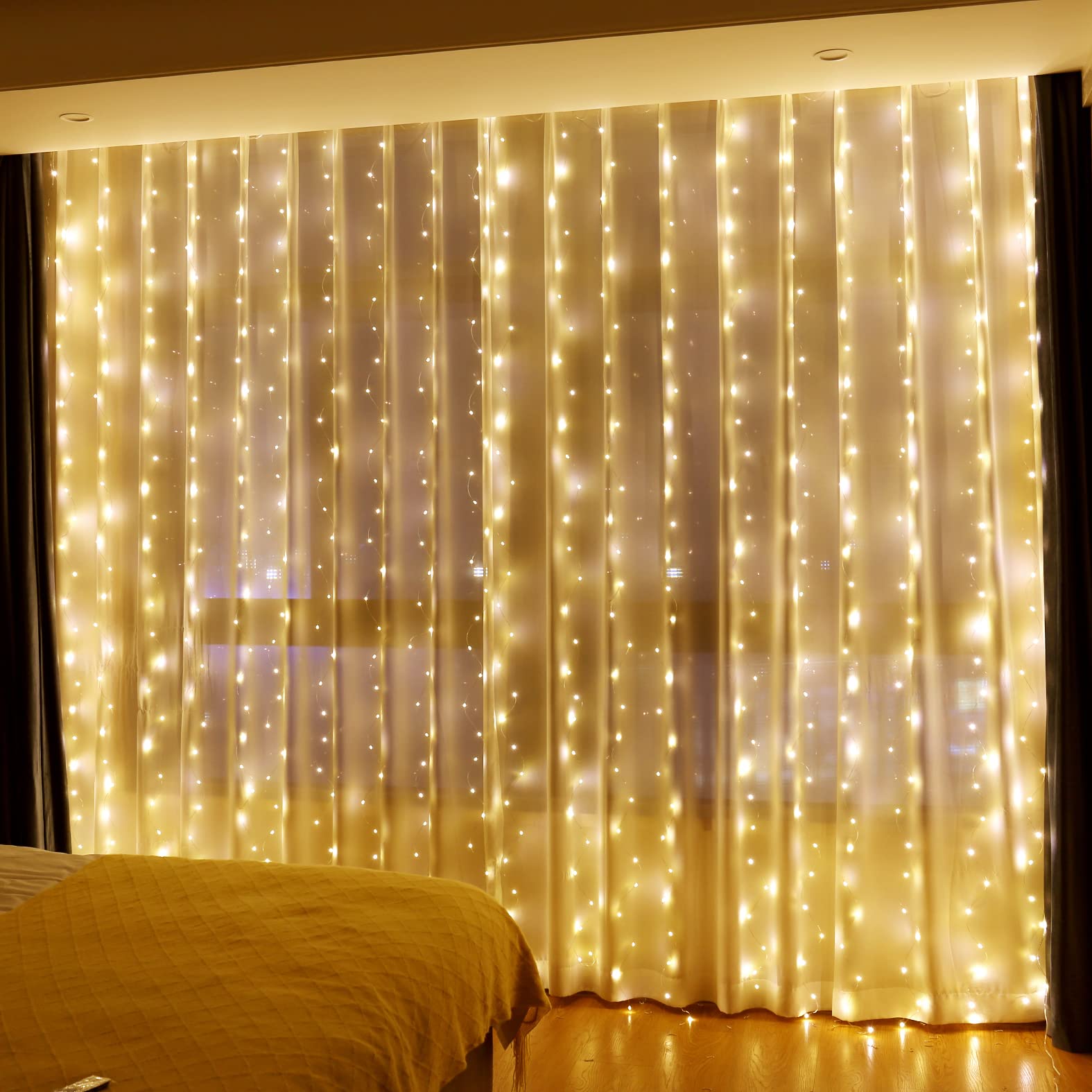 HXWEIYE Upgrade Curtain Fairy Lights Warm White 300LED with Rotating Clips & 12 Hooks, 9.8x9.8Ft Led String Light, Timer & 8 Modes USB Plug-in DIY Decorative Light for Bedroom Indoor Outdoor Wedding