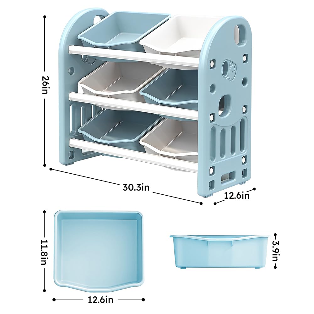 Kids Toy Storage Organizer, 3-Tier Multi-Functional Toy Shelf and 6 Toy Bins, Large Storage Capacity Toy Storage Cabinet for Kids Room, Playroom, Nursery Room(Light Blue)