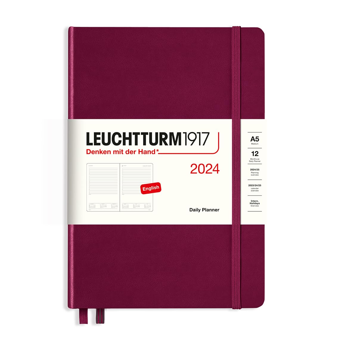 LEUCHTTURM1917 - Daily Planner 2024 with extra booklet, Medium (A5) Hardcover, Port Red (Jan 1 - Dec 31, 2024)