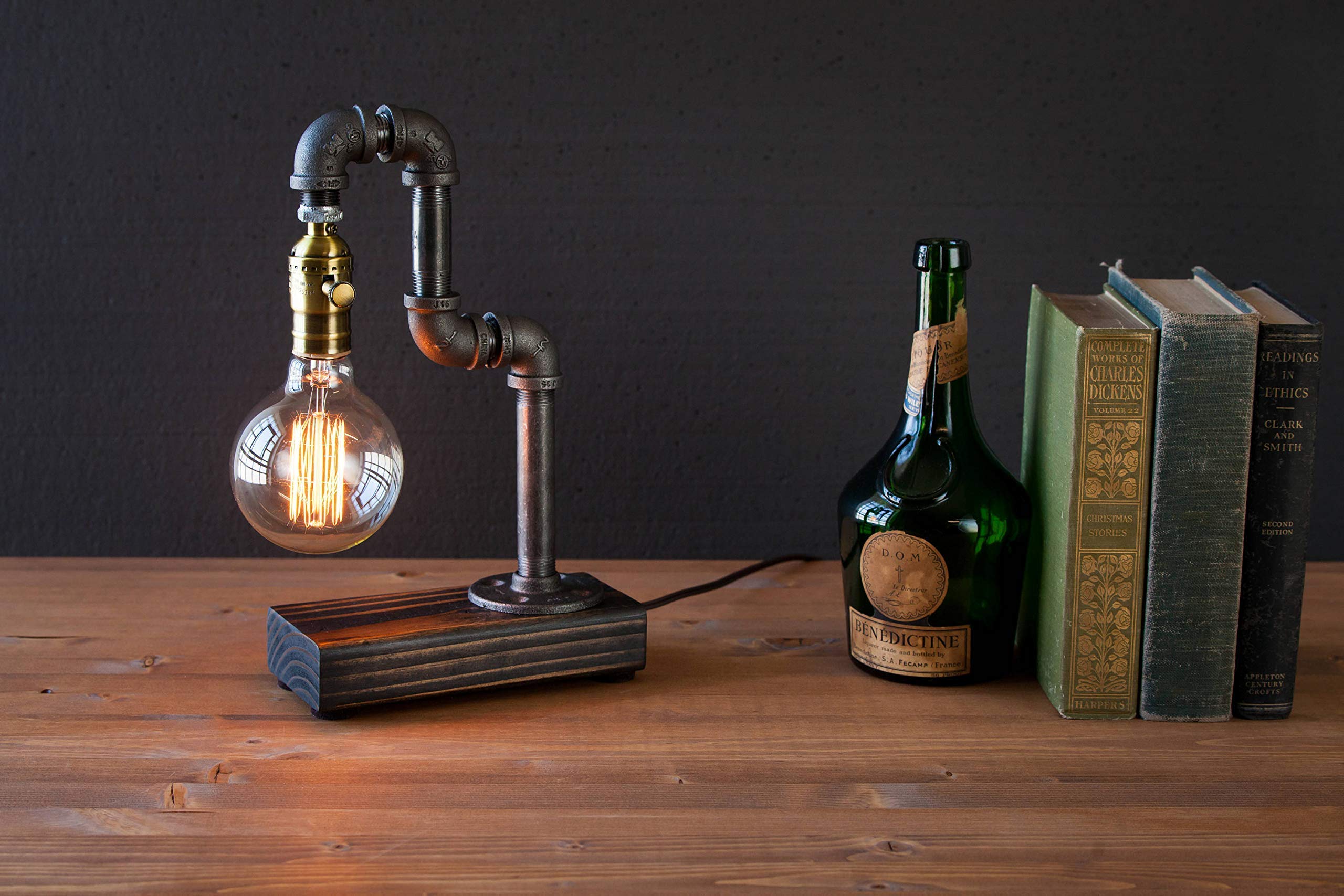 Industrial Steampunk table pipe lamp with Globe Edison bulb and Weathered wood base