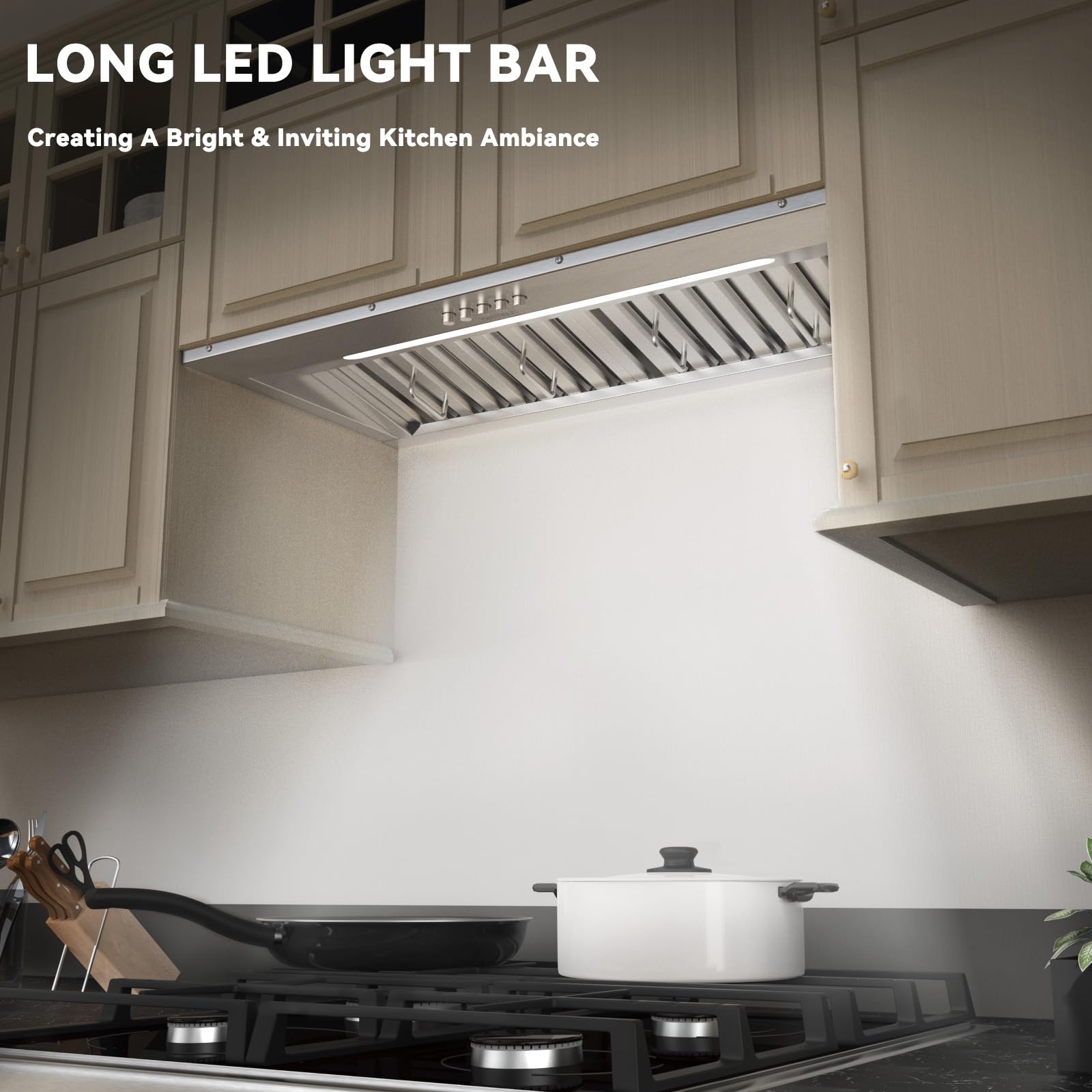 Hermitlux 30 inch Under Cabinet Range Hood with 3 Speed Exhaust Fan, Stainless Steel Range Hoods, Ducted Convertible Ductless, Vent Hood with LED Light for Kitchen