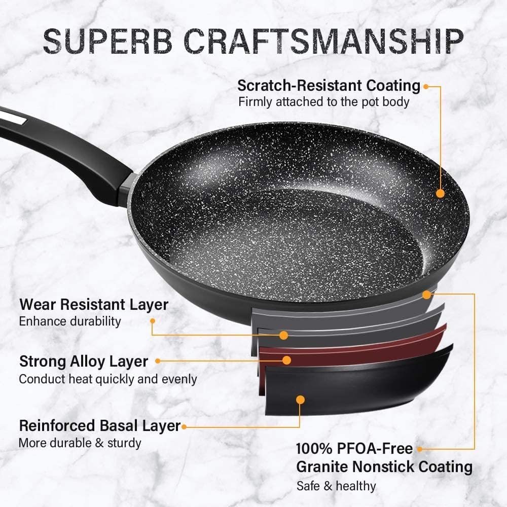 KOCH SYSTEME CS 8''+11'' Nonstick Aluminum Frying Pan Set with Lids, Non-toxic Granite Stone Coating, Easy Cleanup, All Stoves Available, Ideal for Cooking