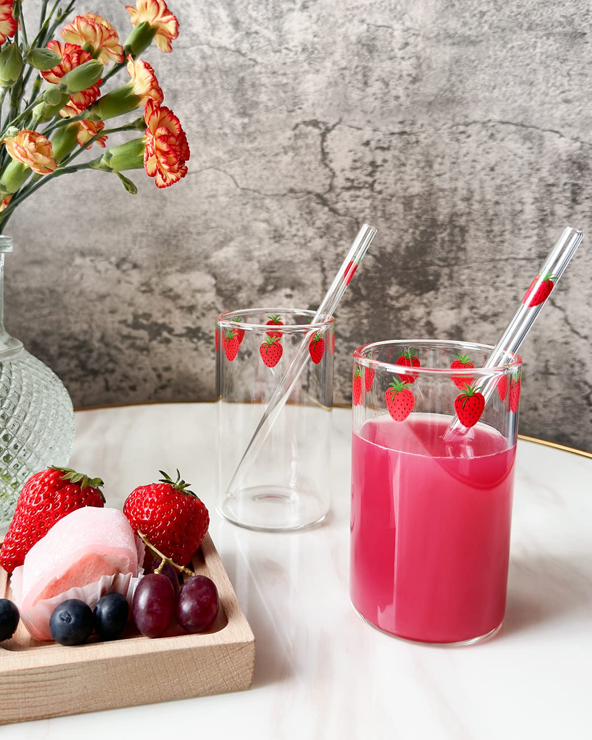 Kreapa strawberry cups 2 SetsCute glass strawberry cups 300ML straw glass cups, Cute strawberry pattern glass bottles for water milk tea, coffee juice tea cups (2pcs)