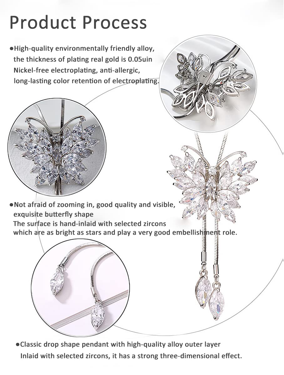 Kodewiet Women Cubic Zirconia flower Butterfly Long Adjustable Chain Pendant Sweater Necklace