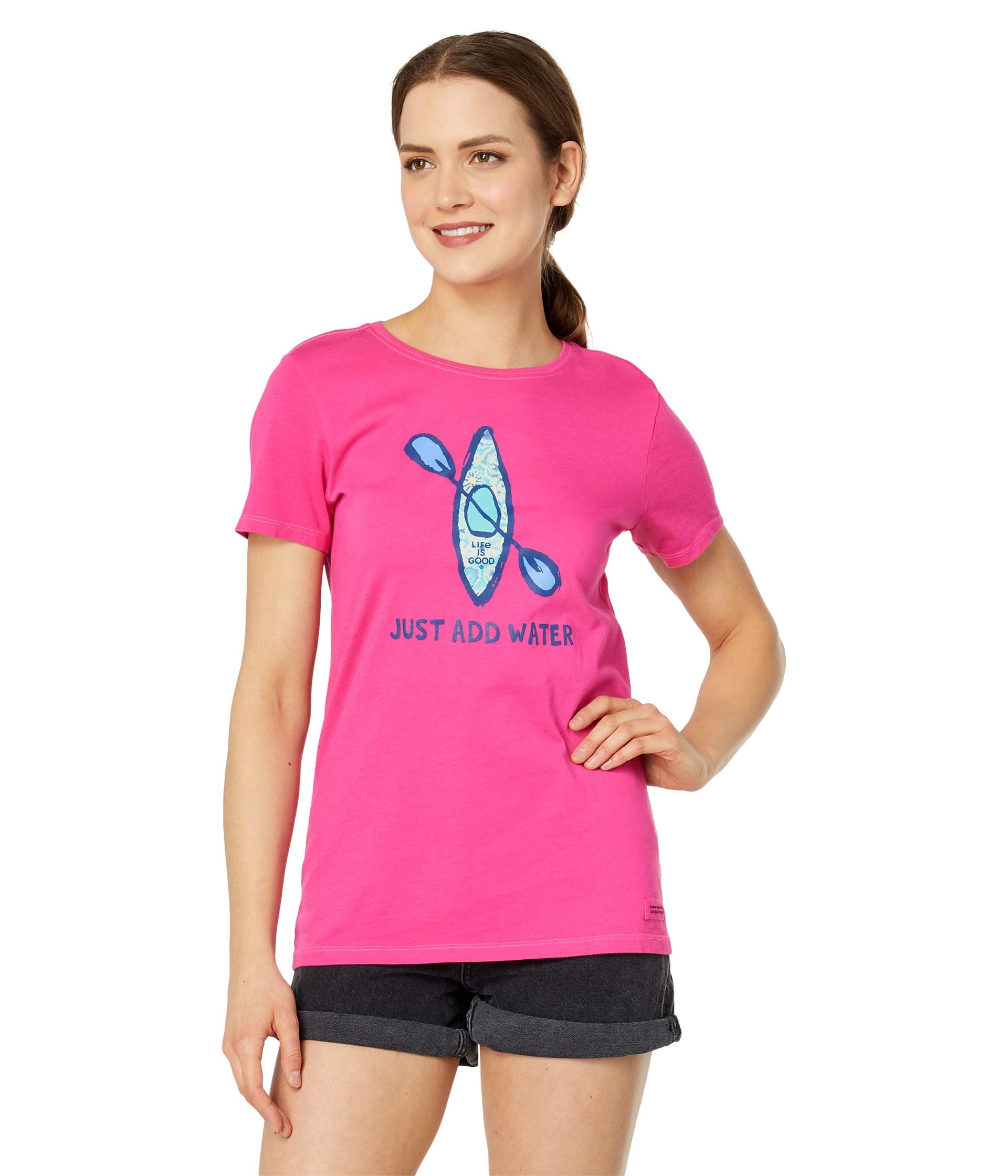 Life is Good. Women's Just Add Water Pattern Kayak SS Crusher Tee, Raspberry Pink, Extra Small
