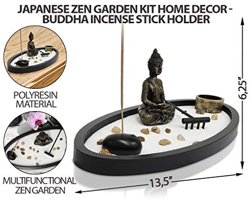 Japanese Zen Garden Kit Home Decor - Buddha Incense Stick Holder Office Desk Accessories - Zen Garden Sand Corner Desk Office Decor - Buddha Statue Table Top - 13.5" x 6.25" x 5"